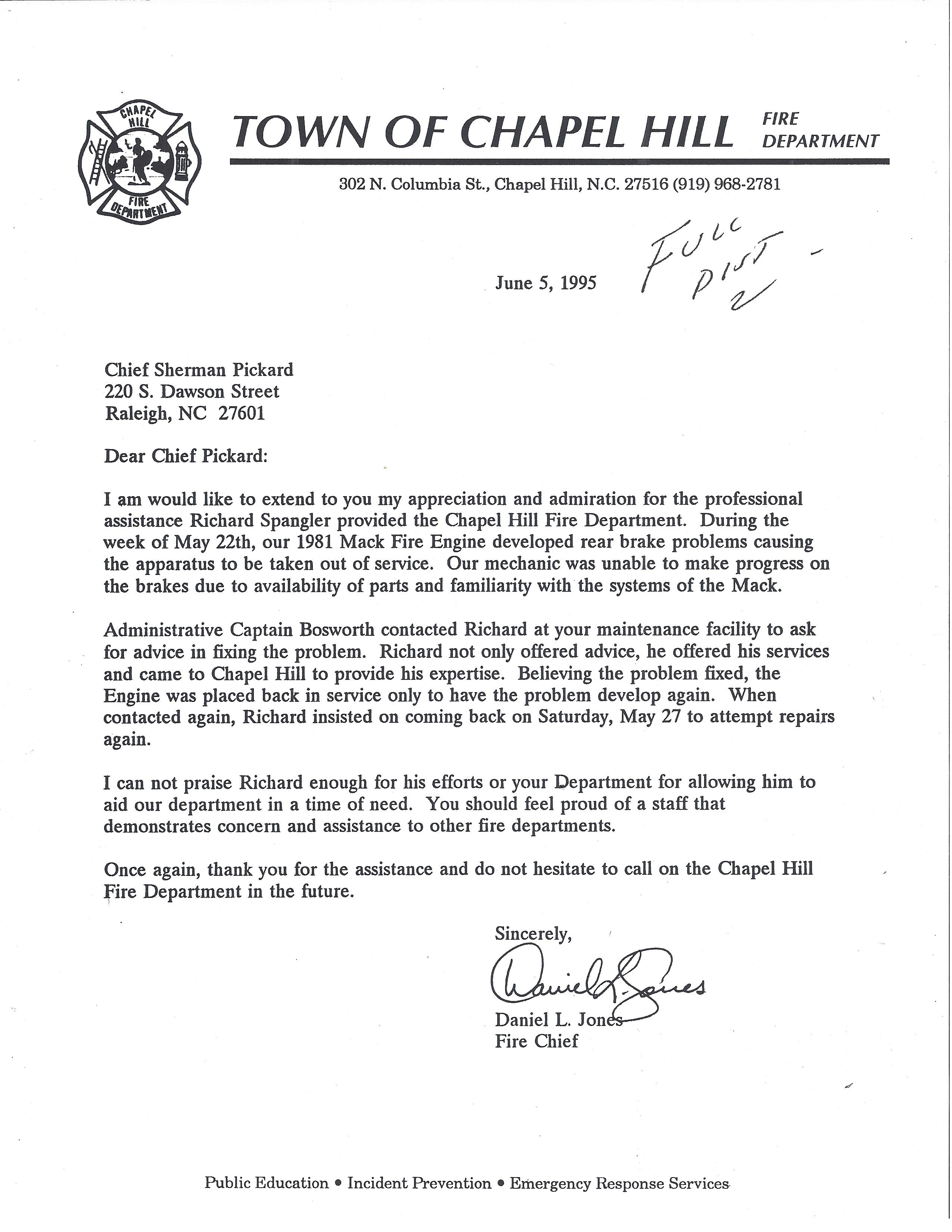 Thank You Note From the Fire Chief of Chapel Hill