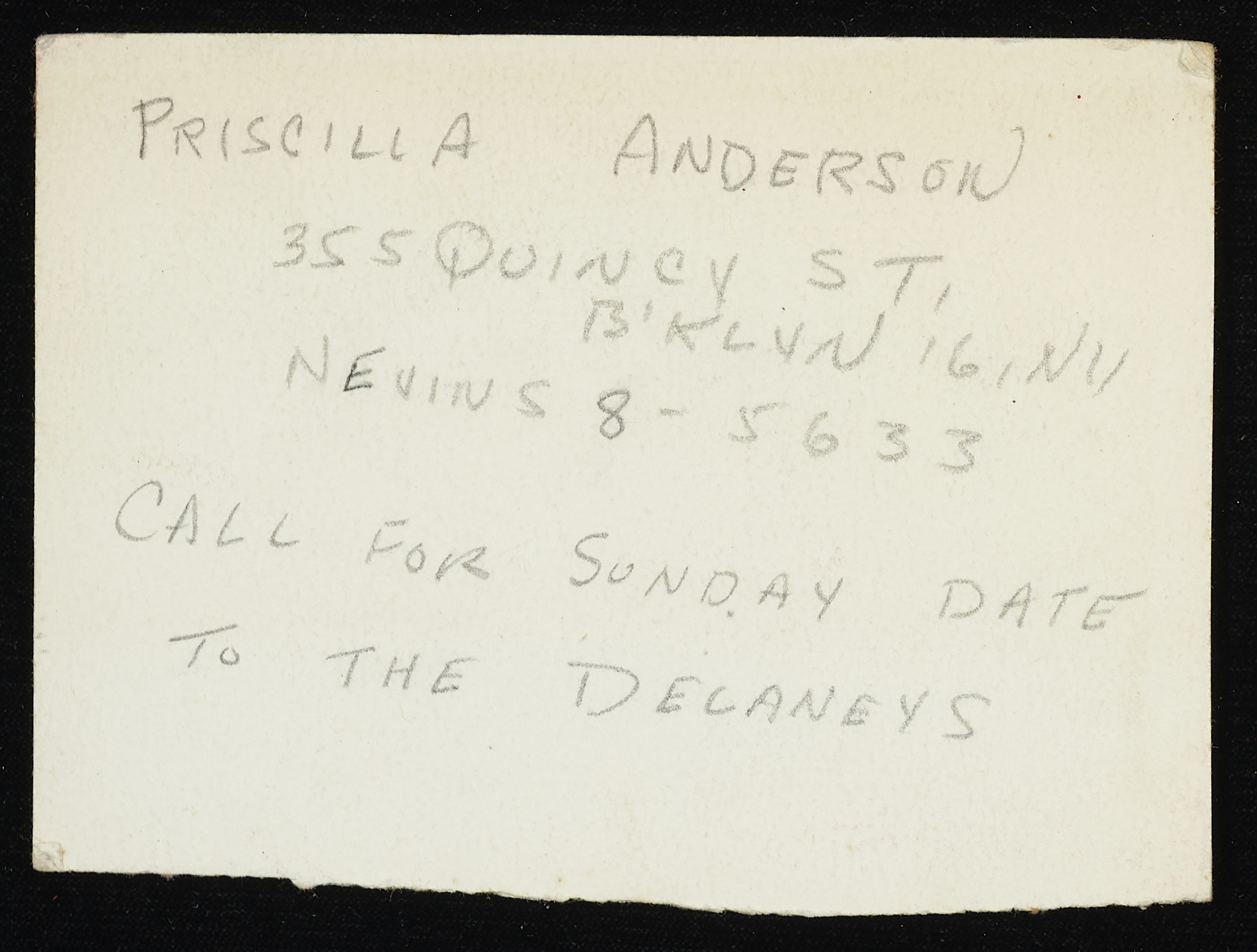 Priscilla Anderson Address Card
