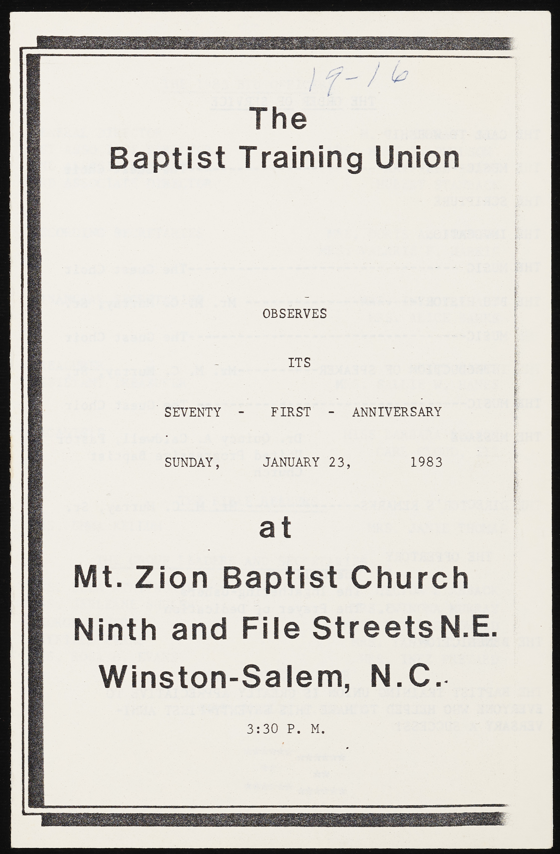 Program for the Baptist Training Union at Mt. Zion Baptist Church