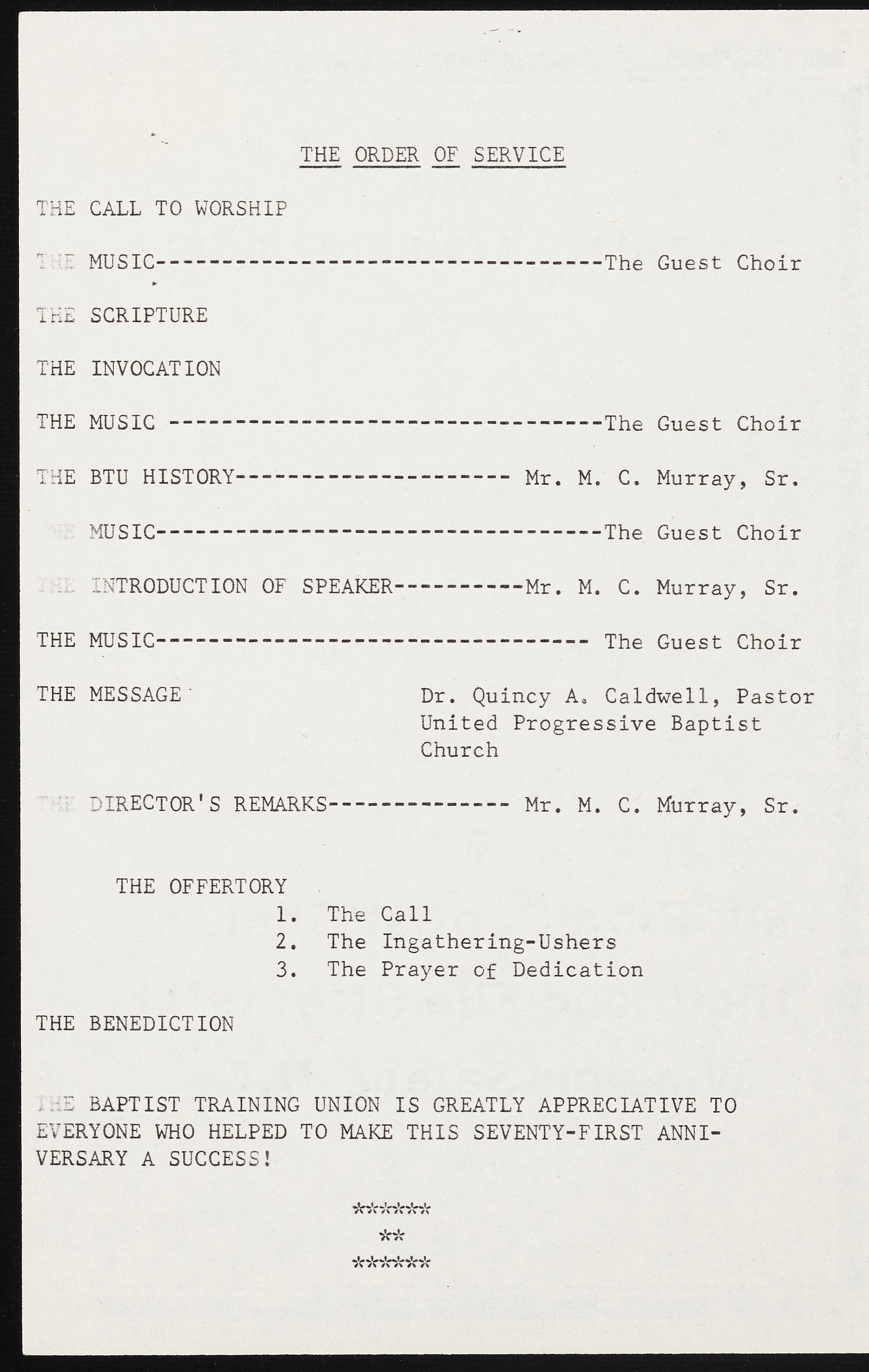Program for the Baptist Training Union at Mt. Zion Baptist Church