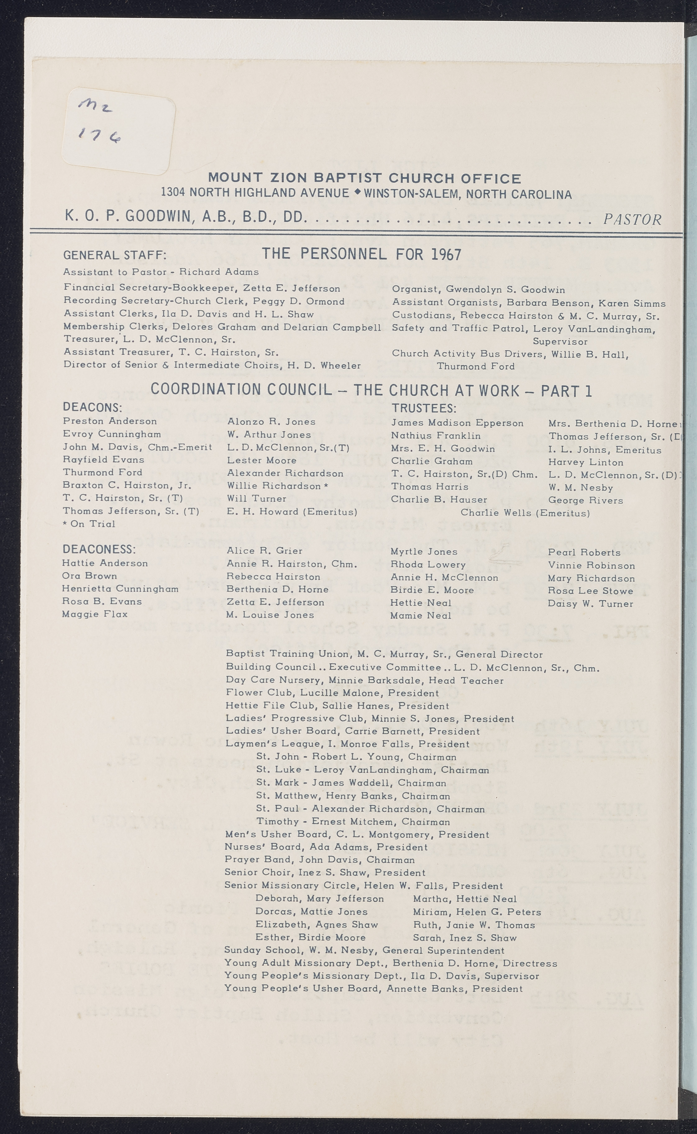 Mount Zion Baptist Church Programs [1963-1967]