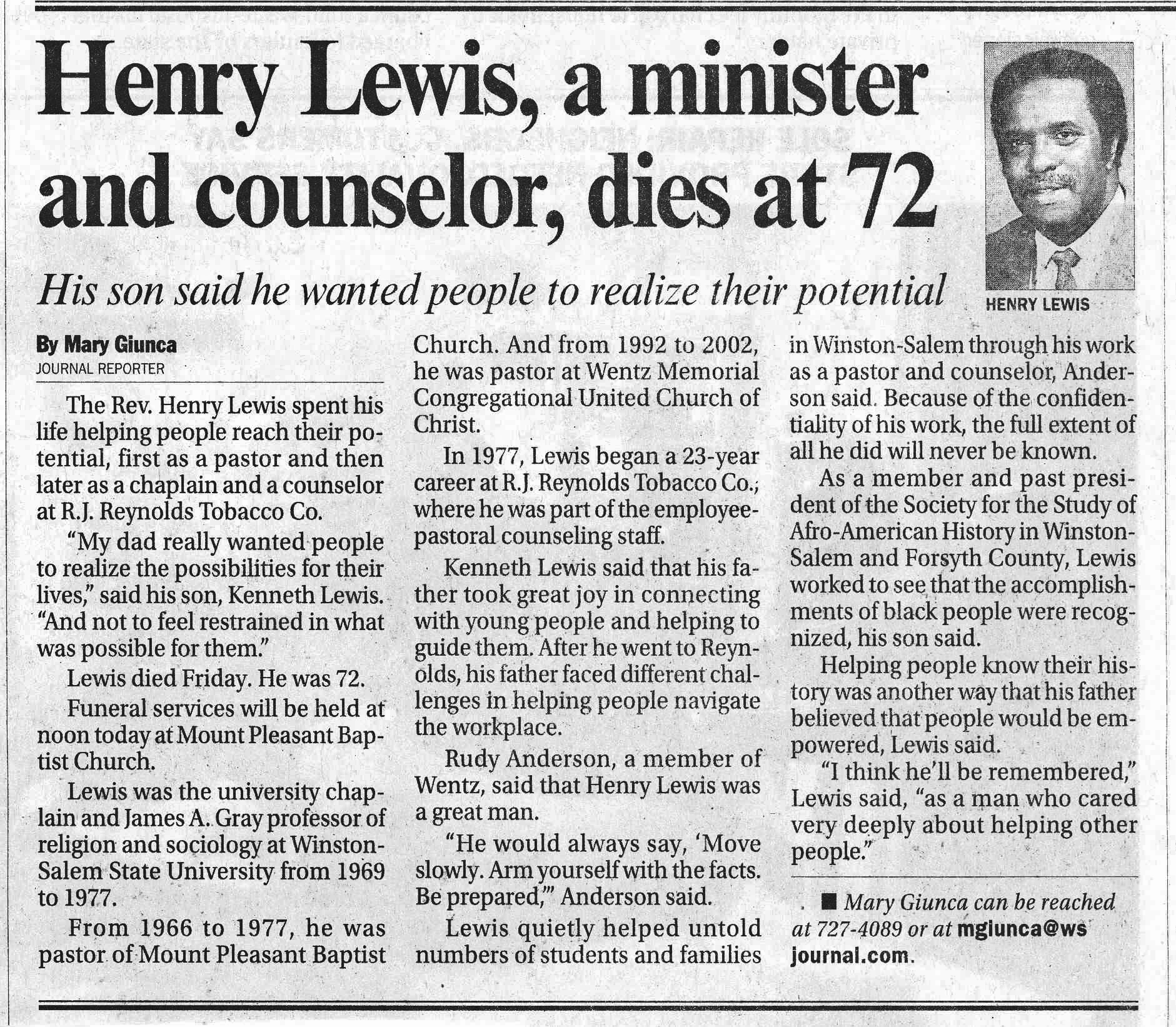 Henry Lewis, a Minister and Counselor, Dies at 72