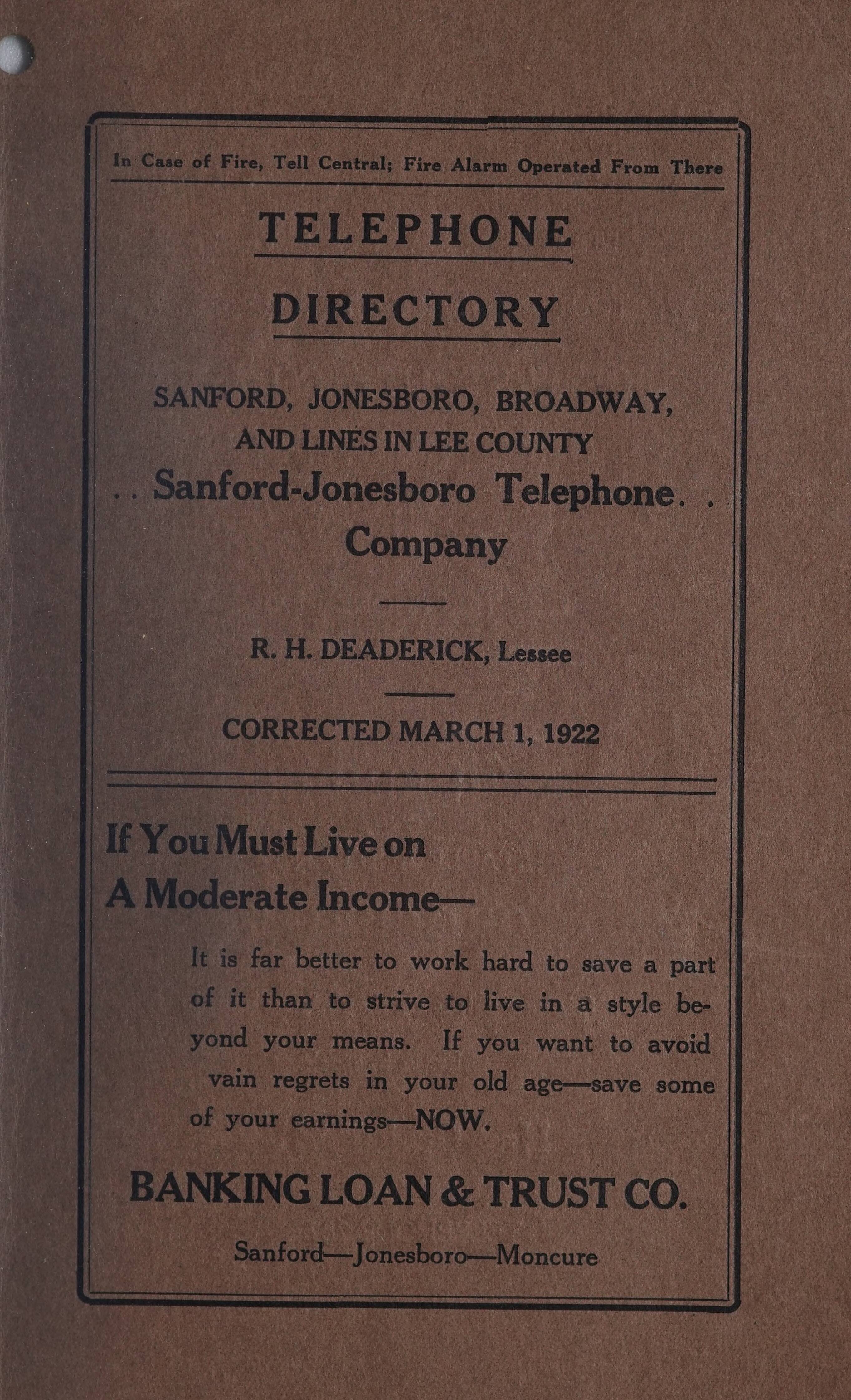 Telephone Directory for Sanford, Jonesboro, Broadway, and Lines in Lee ...