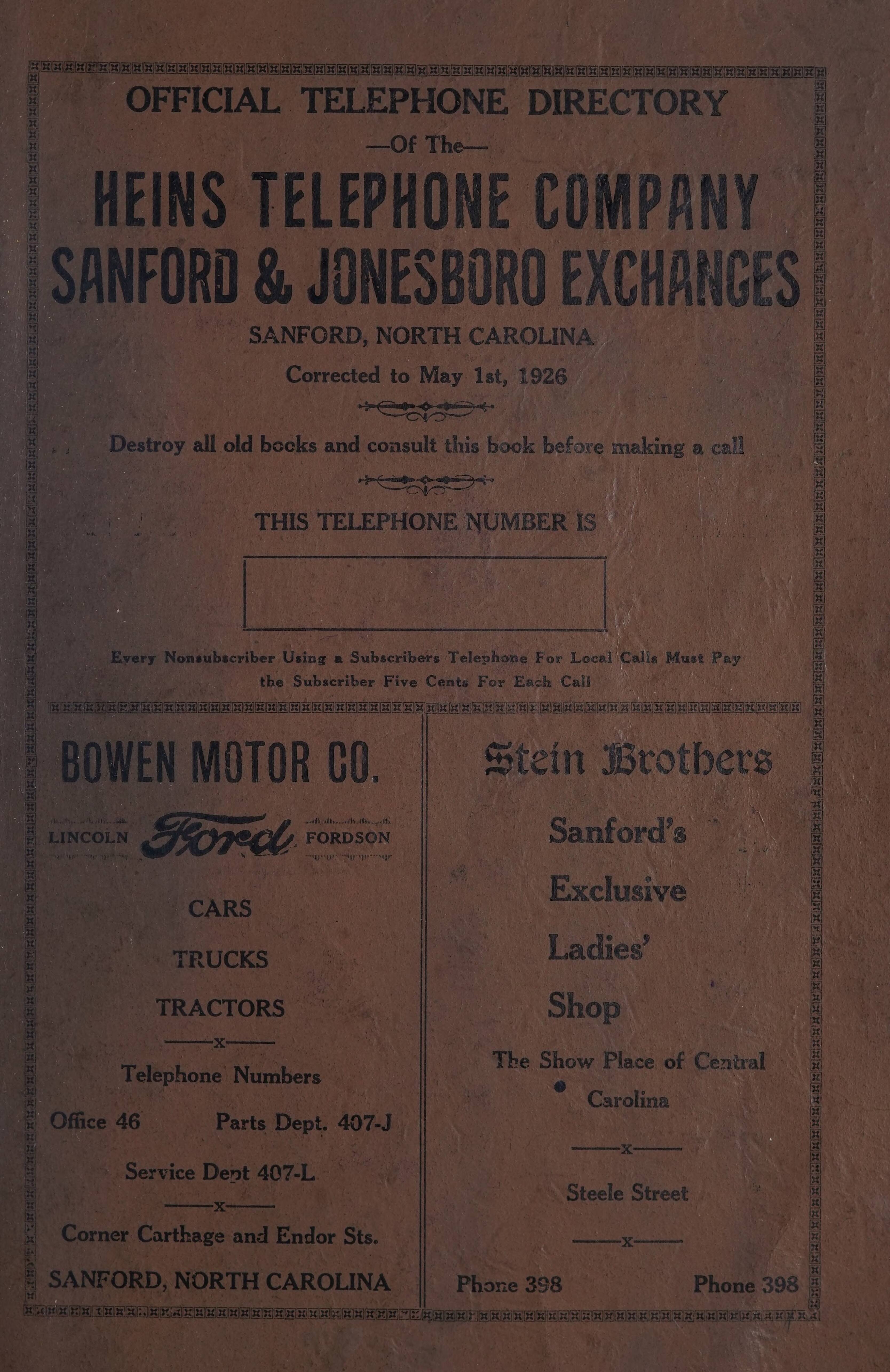 Official Telephone Directory of the Heins Telephone Company, Sanford ...