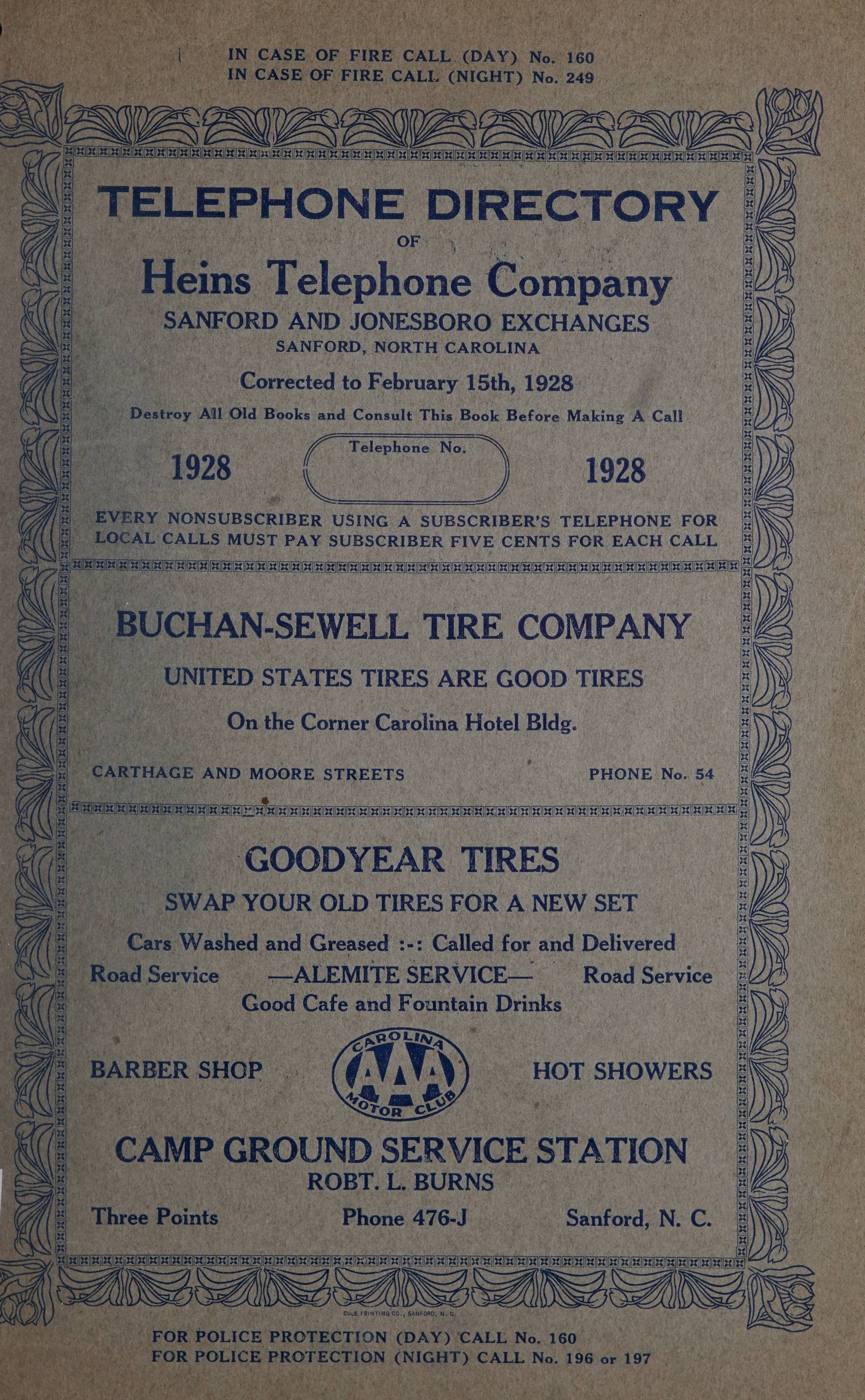Telephone Directory of Heins Telephone Company, Sanford and Jonesboro ...