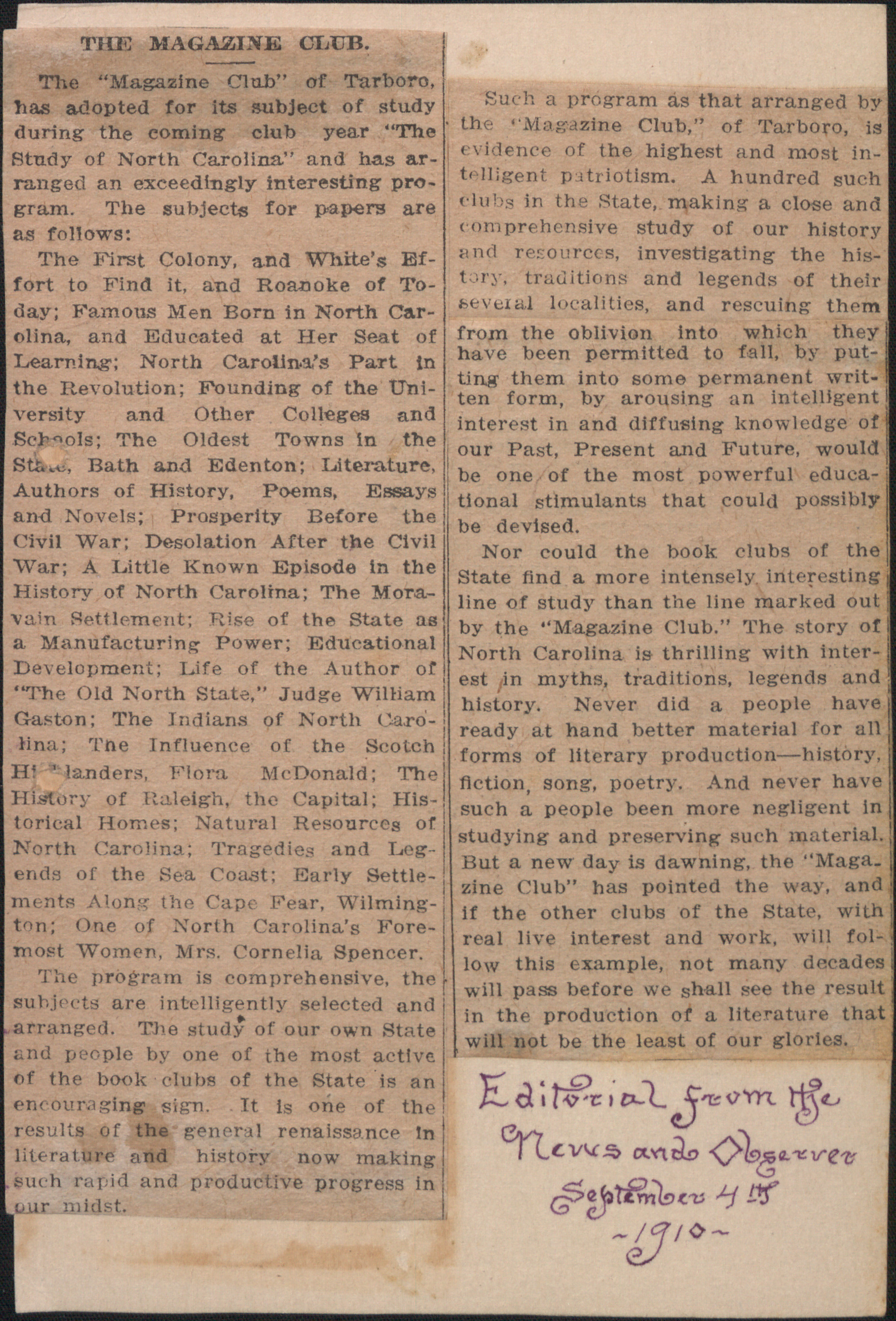 Magazine Club Programs [1910-1911]