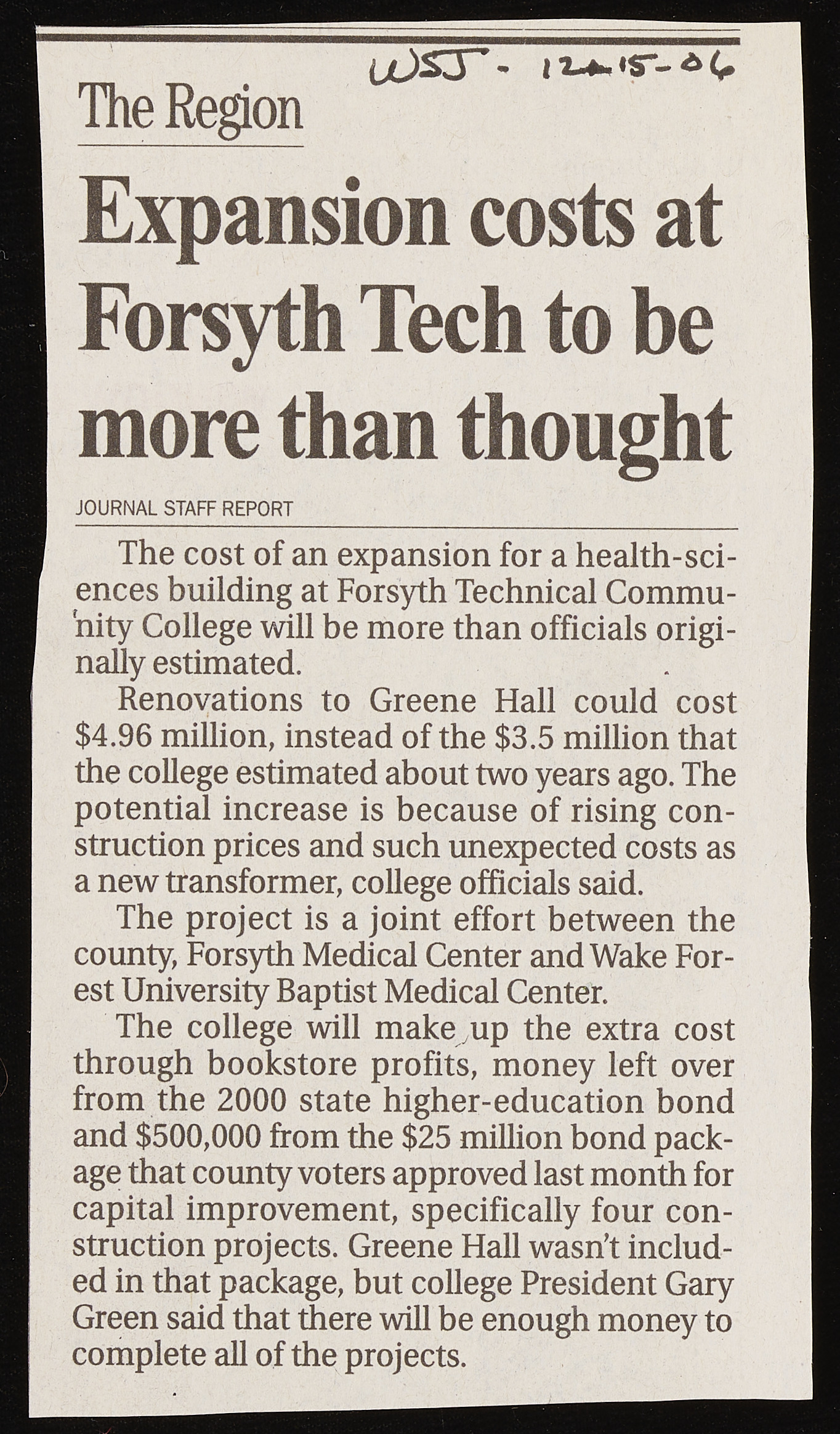 Newspaper Clippings Related to Forsyth Tech Community College [2006]