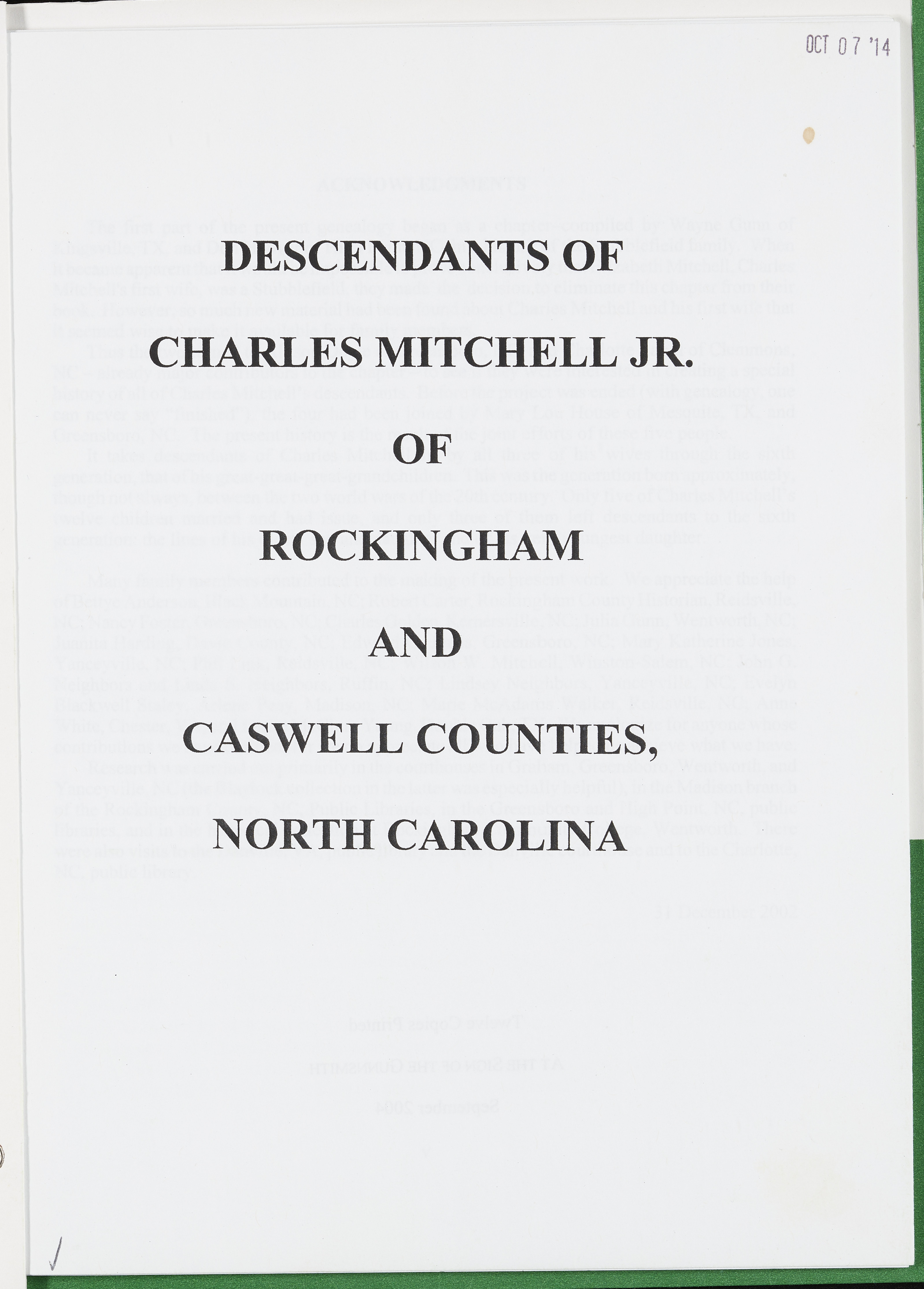 Descendants of Charles Mitchell Jr. of Rockingham and Caswell Counties ...