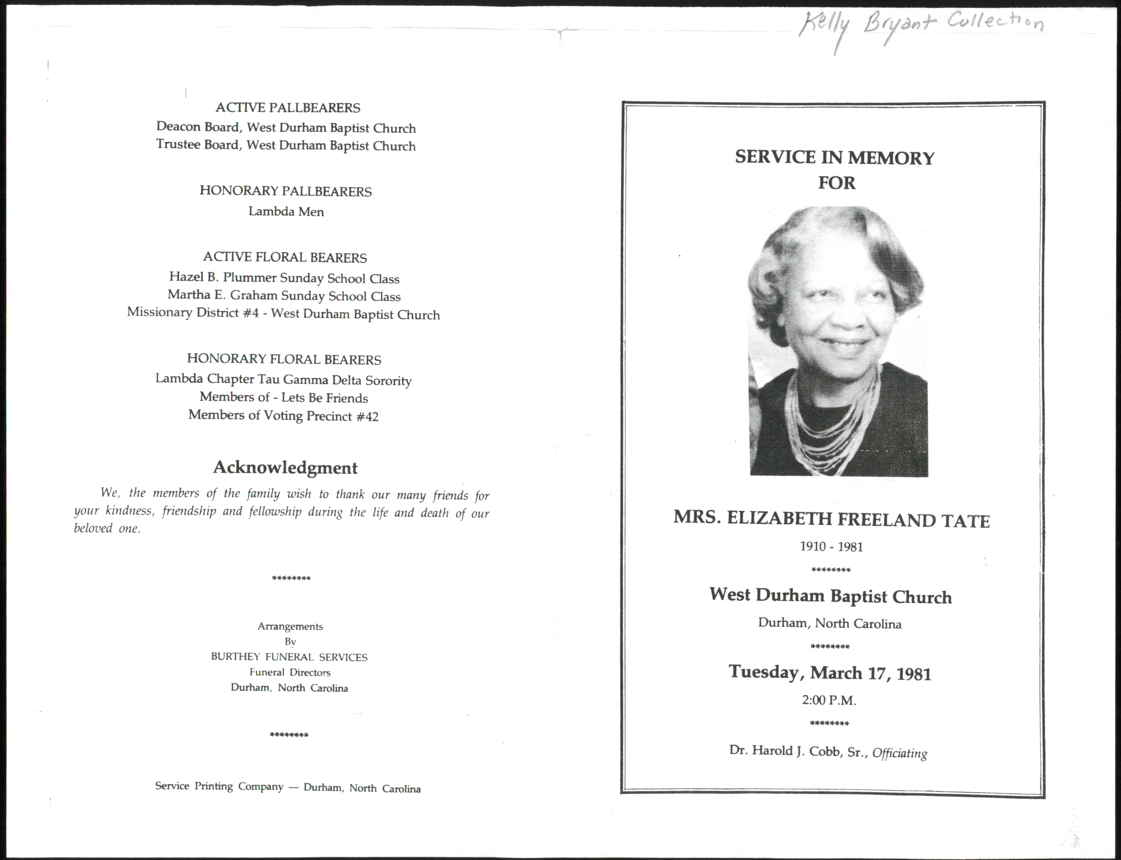 Funeral Programs: Tate, Tatum, Taylor, Teasley