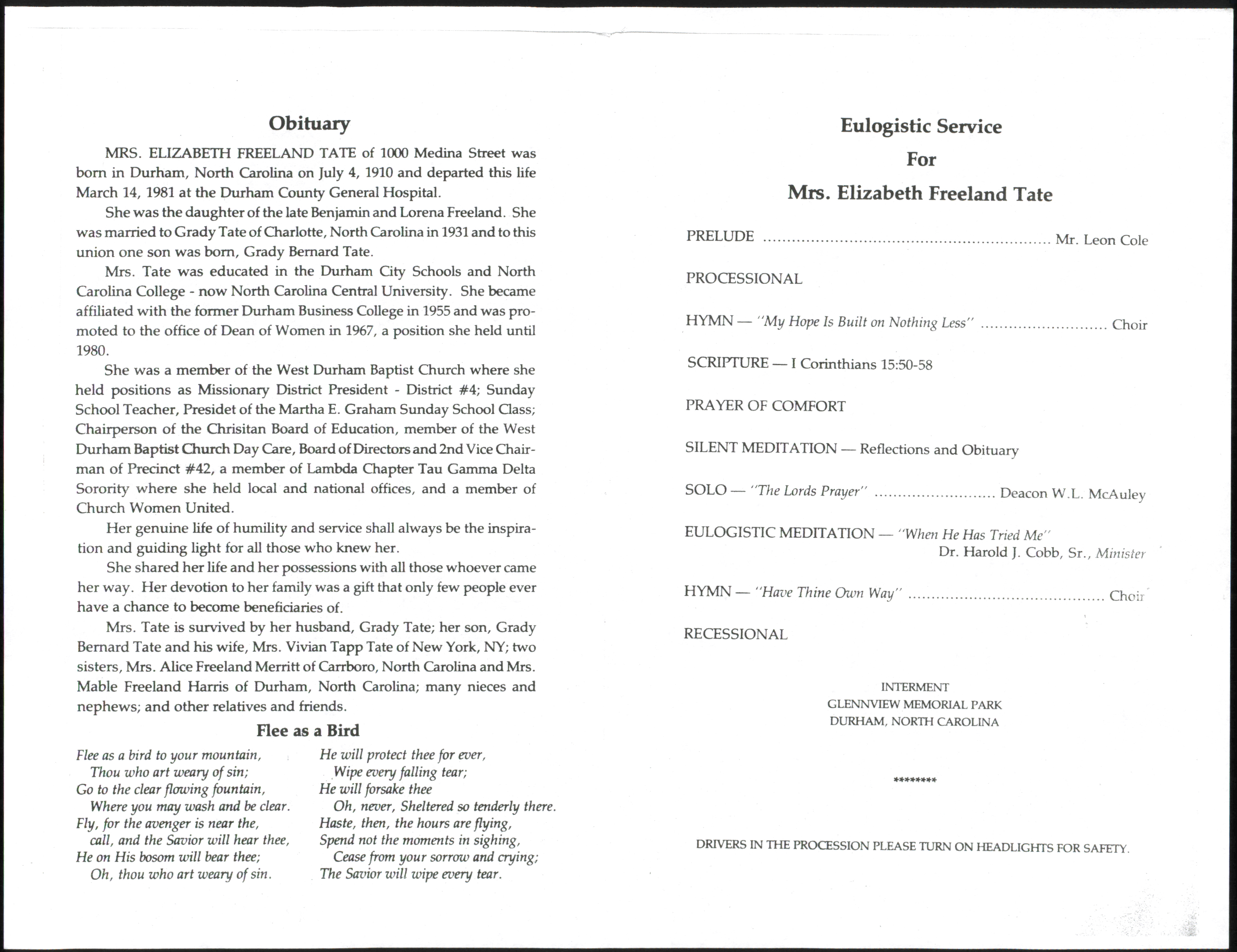 Funeral Programs: Tate, Tatum, Taylor, Teasley