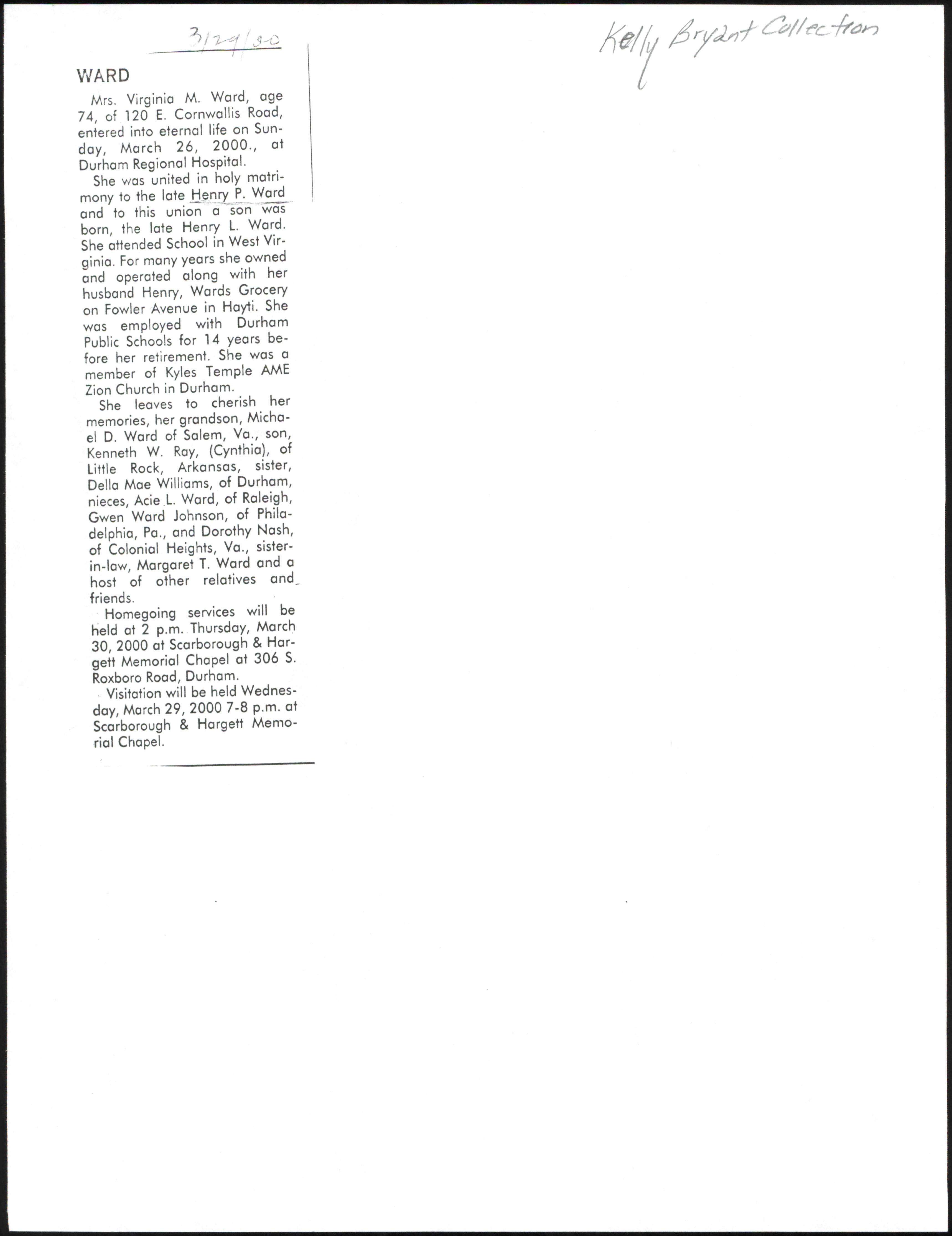 Funeral Programs: Walton, Ward, Ware, Warren