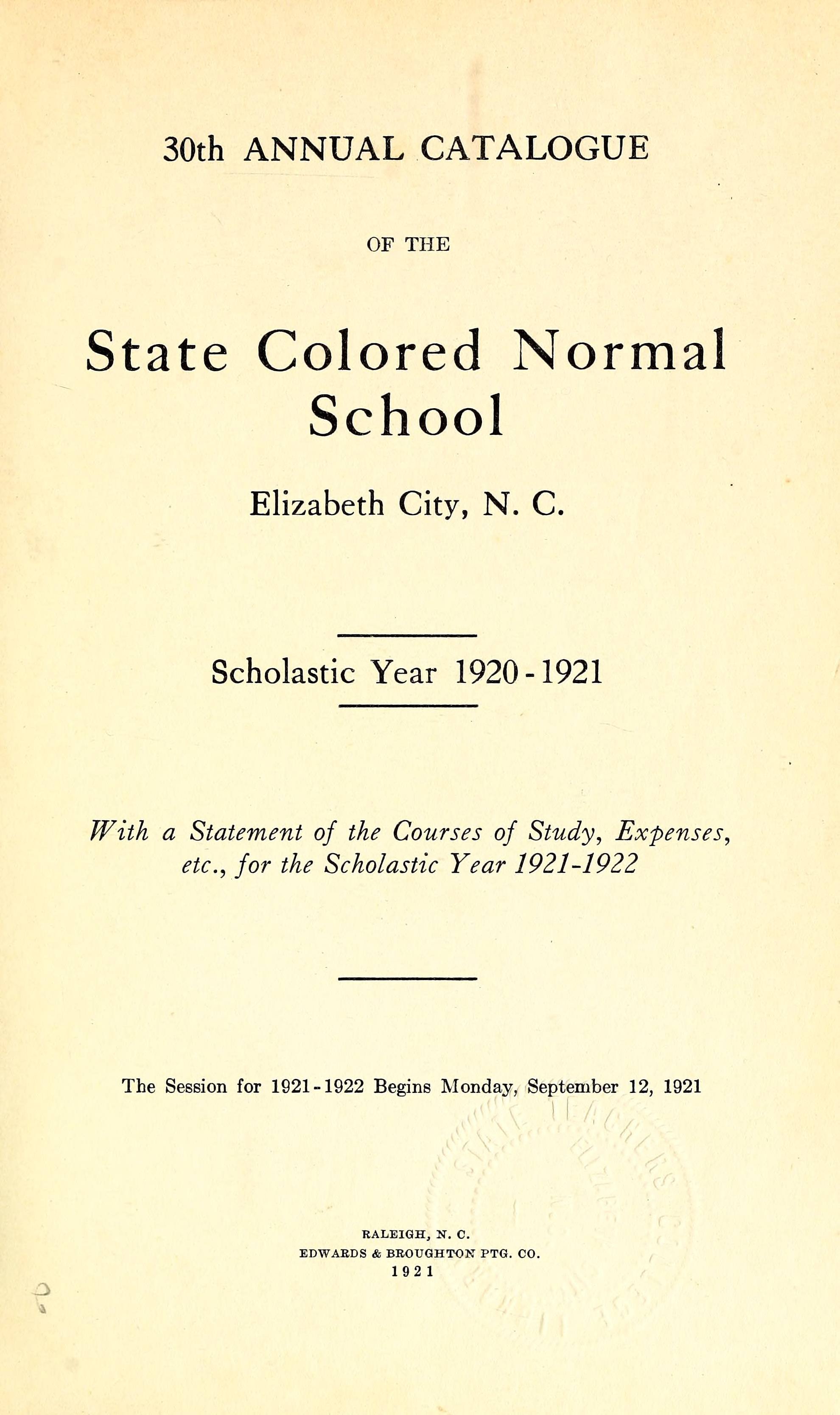 Elizabeth City State Teachers College Catalogues [1920-1925]
