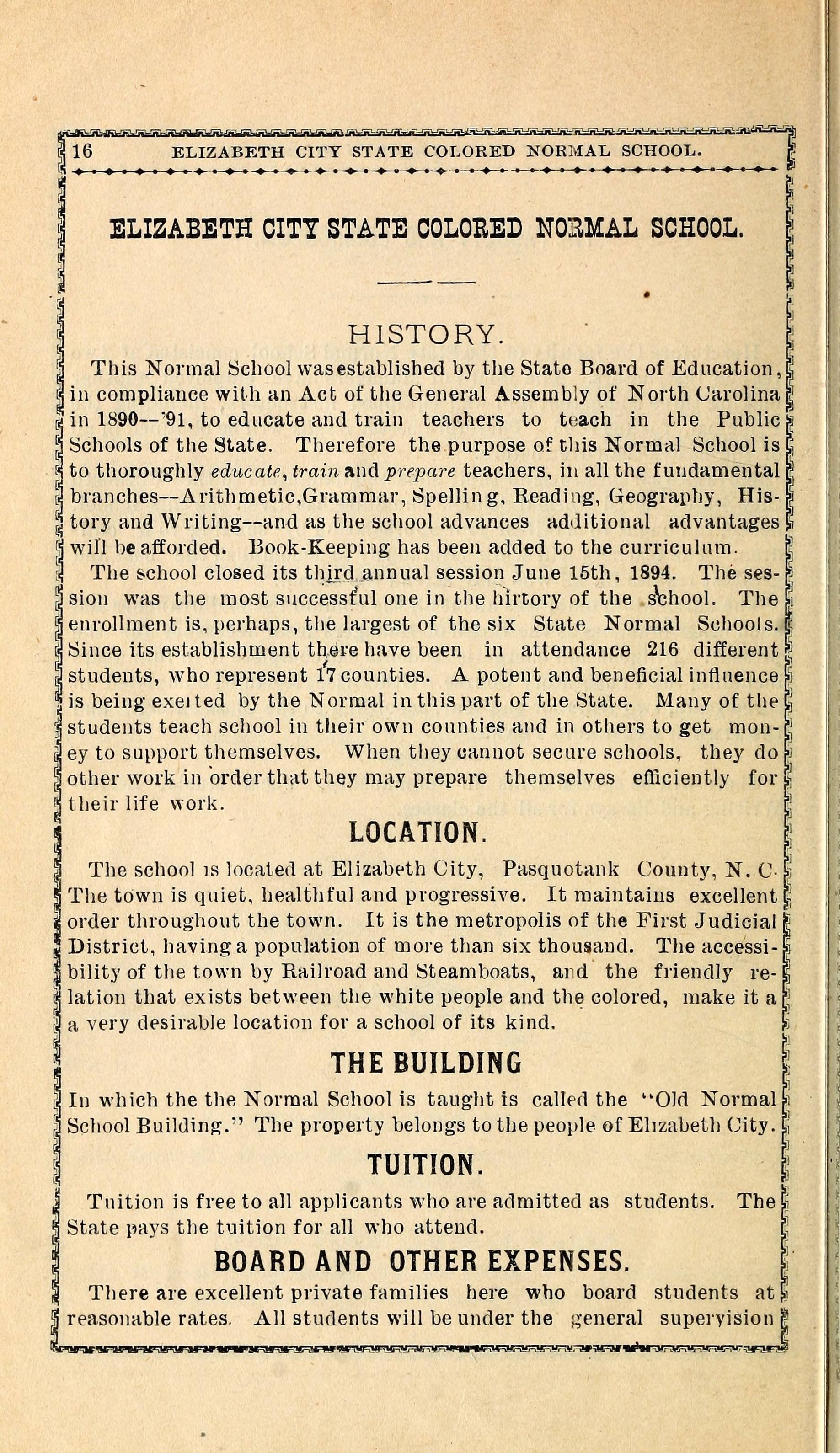 Elizabeth City State Teachers College Catalog [1892-1897]