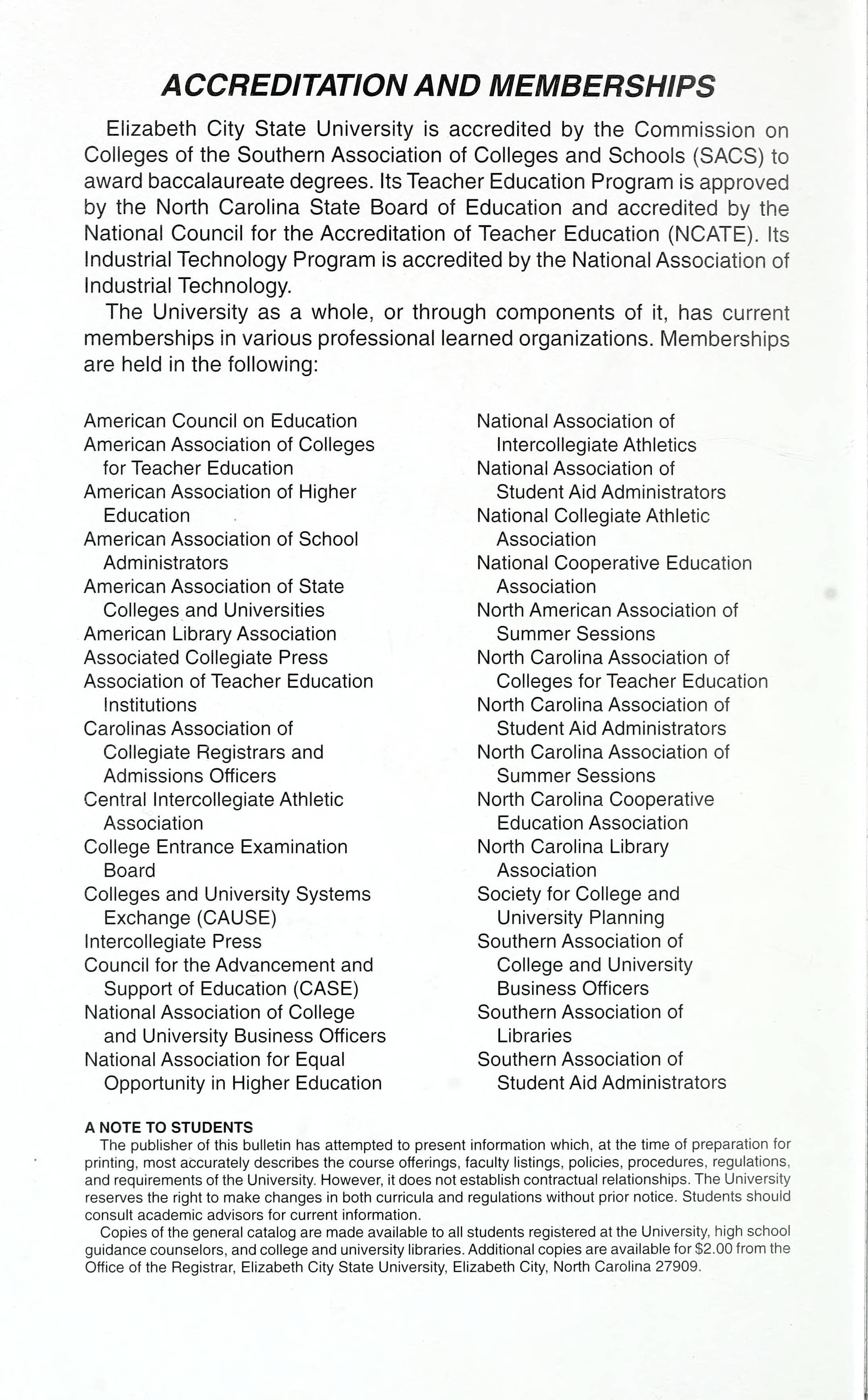 Elizabeth City State University Catalog [1996-1998]
