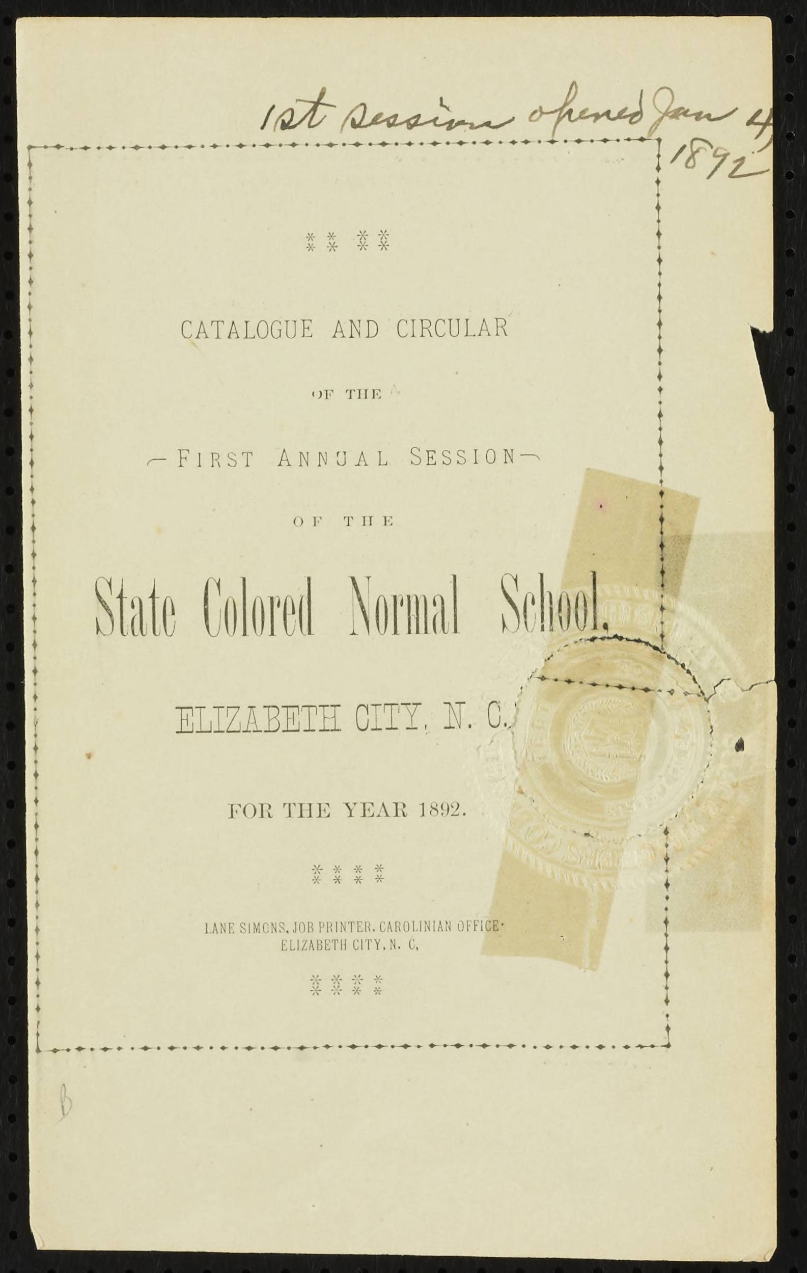 Elizabeth City State Colored Normal School Catalog [1892]