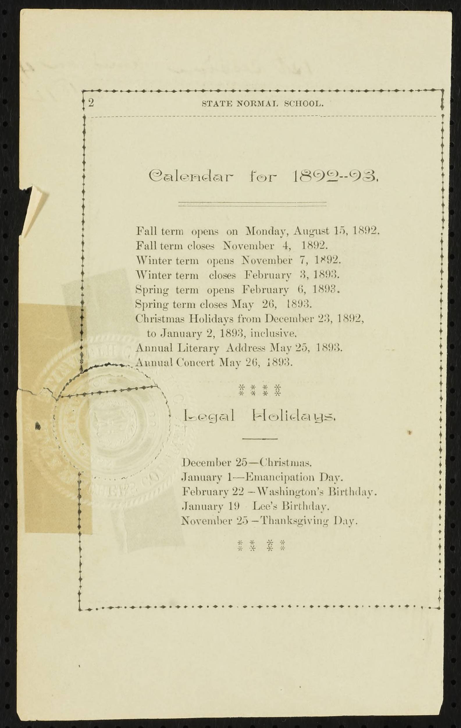 Elizabeth City State Colored Normal School Catalog [1892]