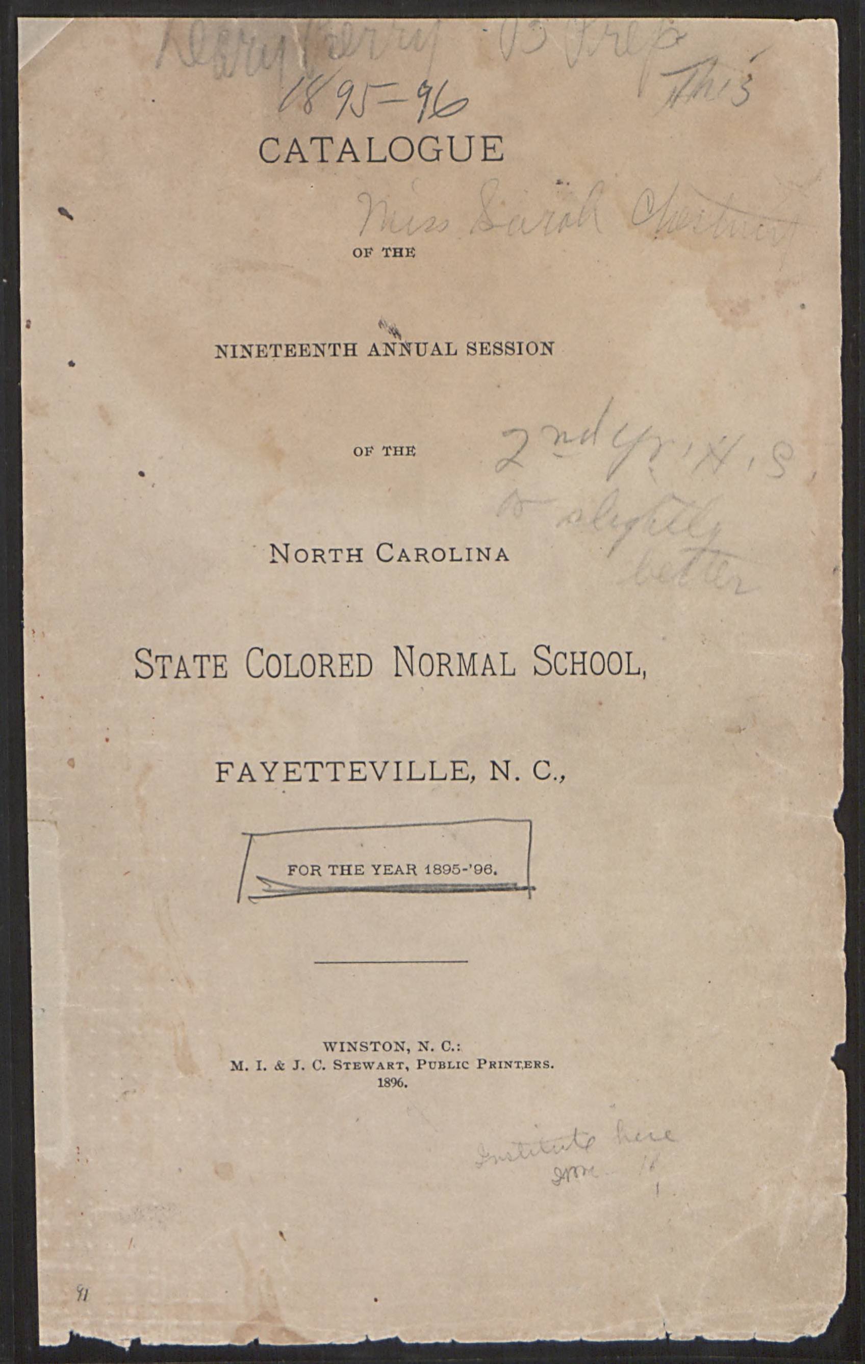 North Carolina State Colored Normal School Catalog [1895-1896]
