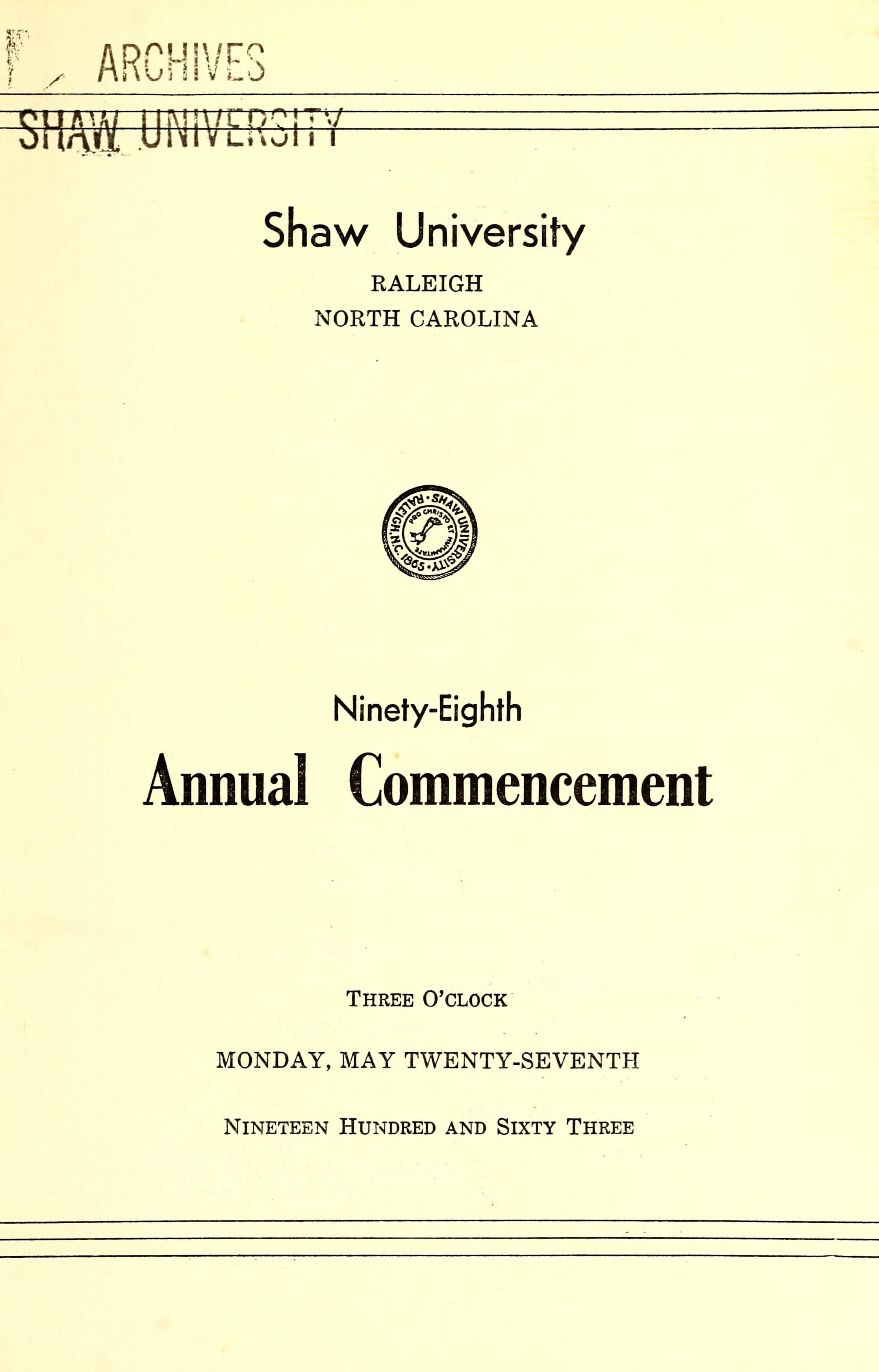 Shaw University Ninety-Eighth Annual Commencement [1963]