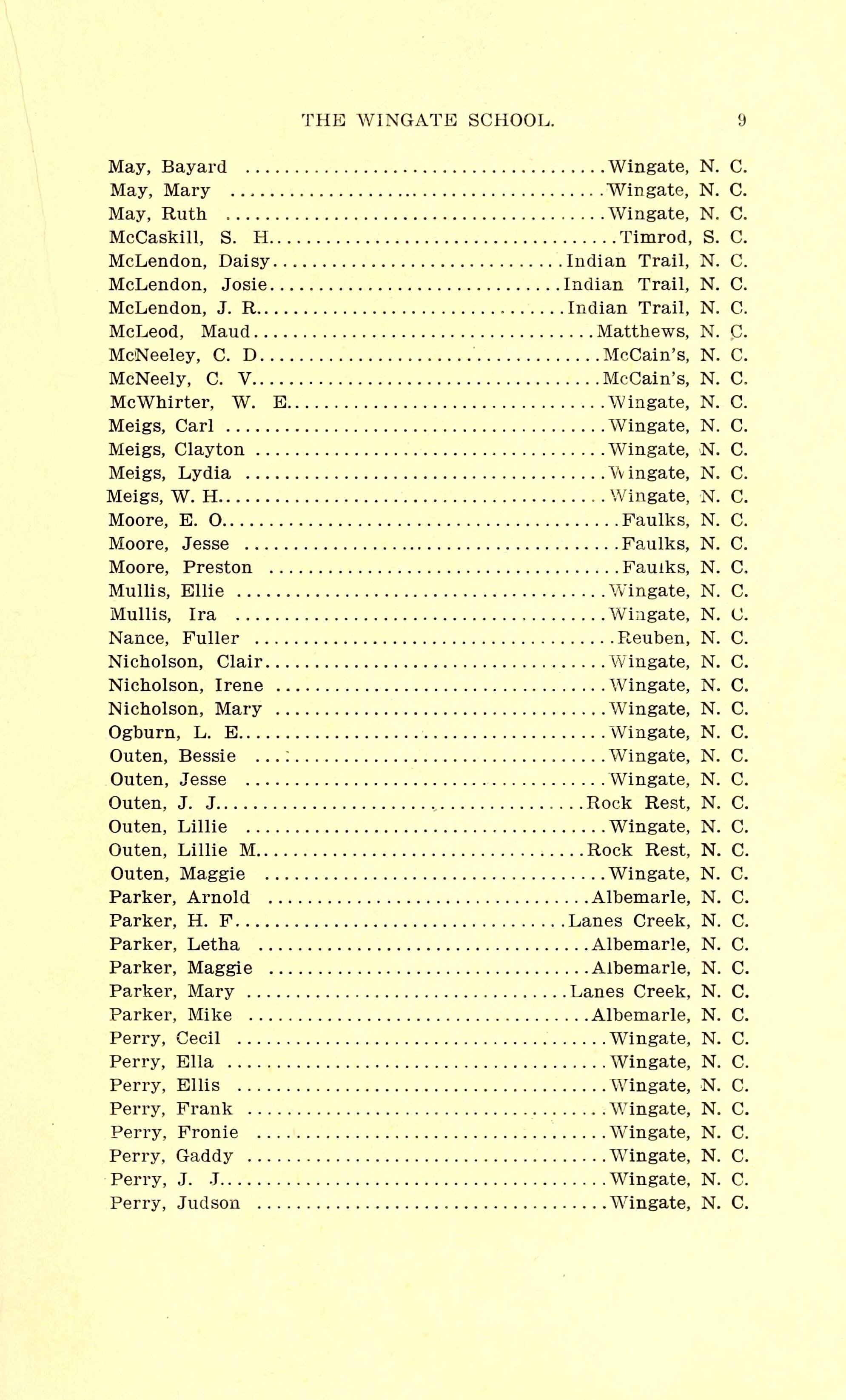 The Wingate School Catalogue [1900-1901]