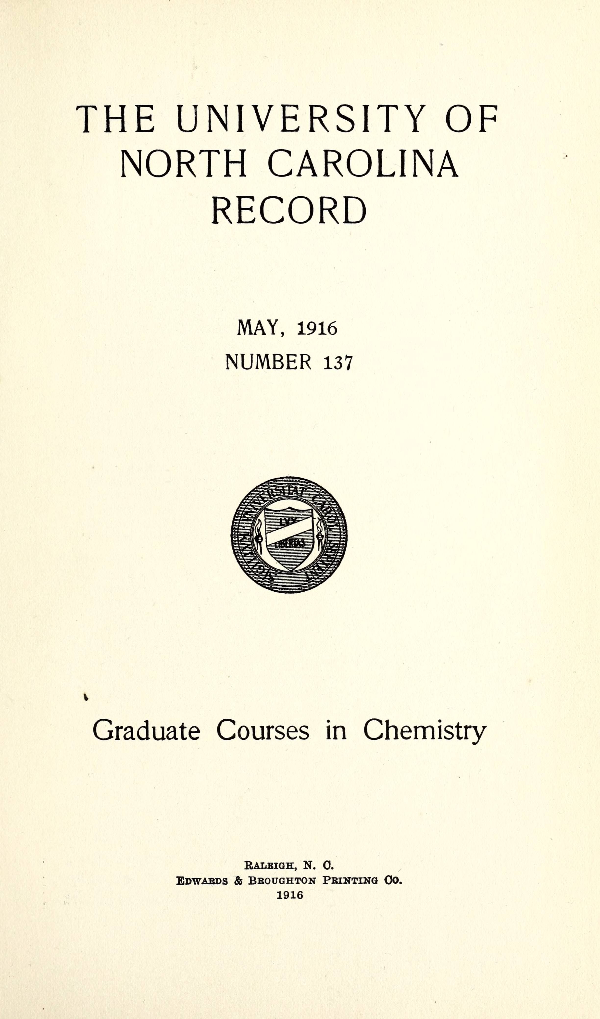 The University of North Carolina Record. Graduate Courses in Chemistry ...