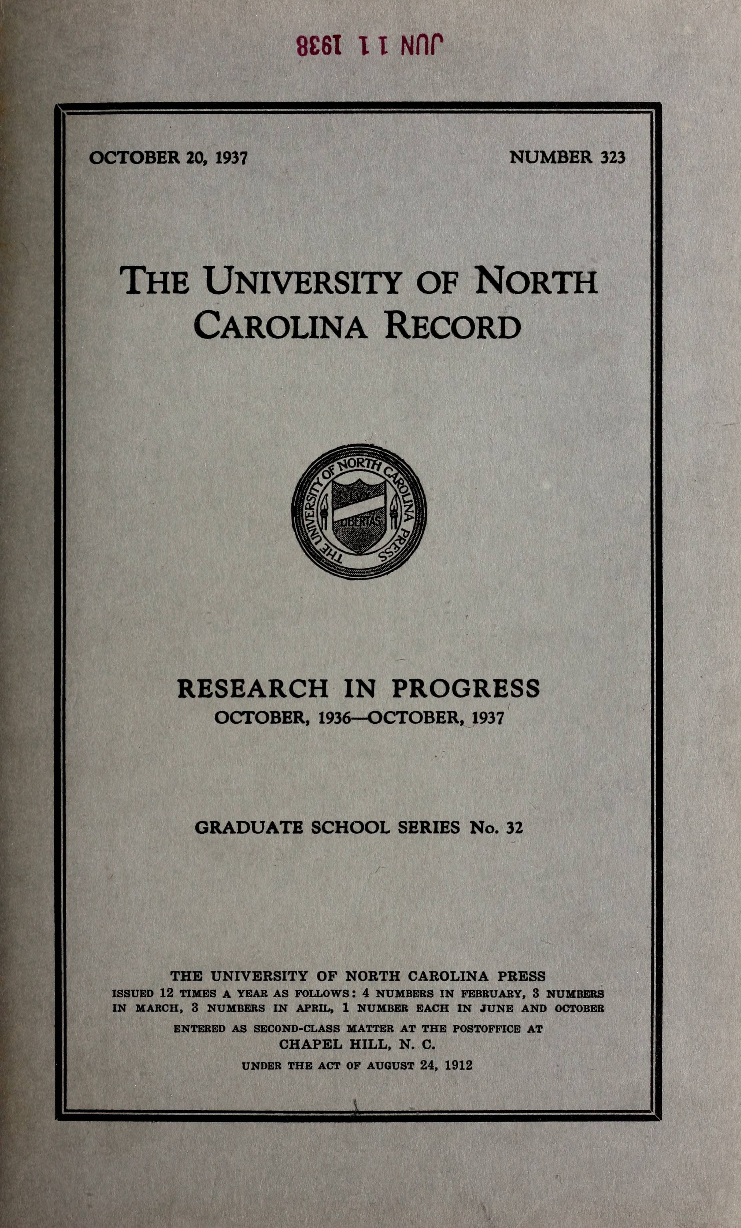 The University of North Carolina Record. Research in Progress. [1937]