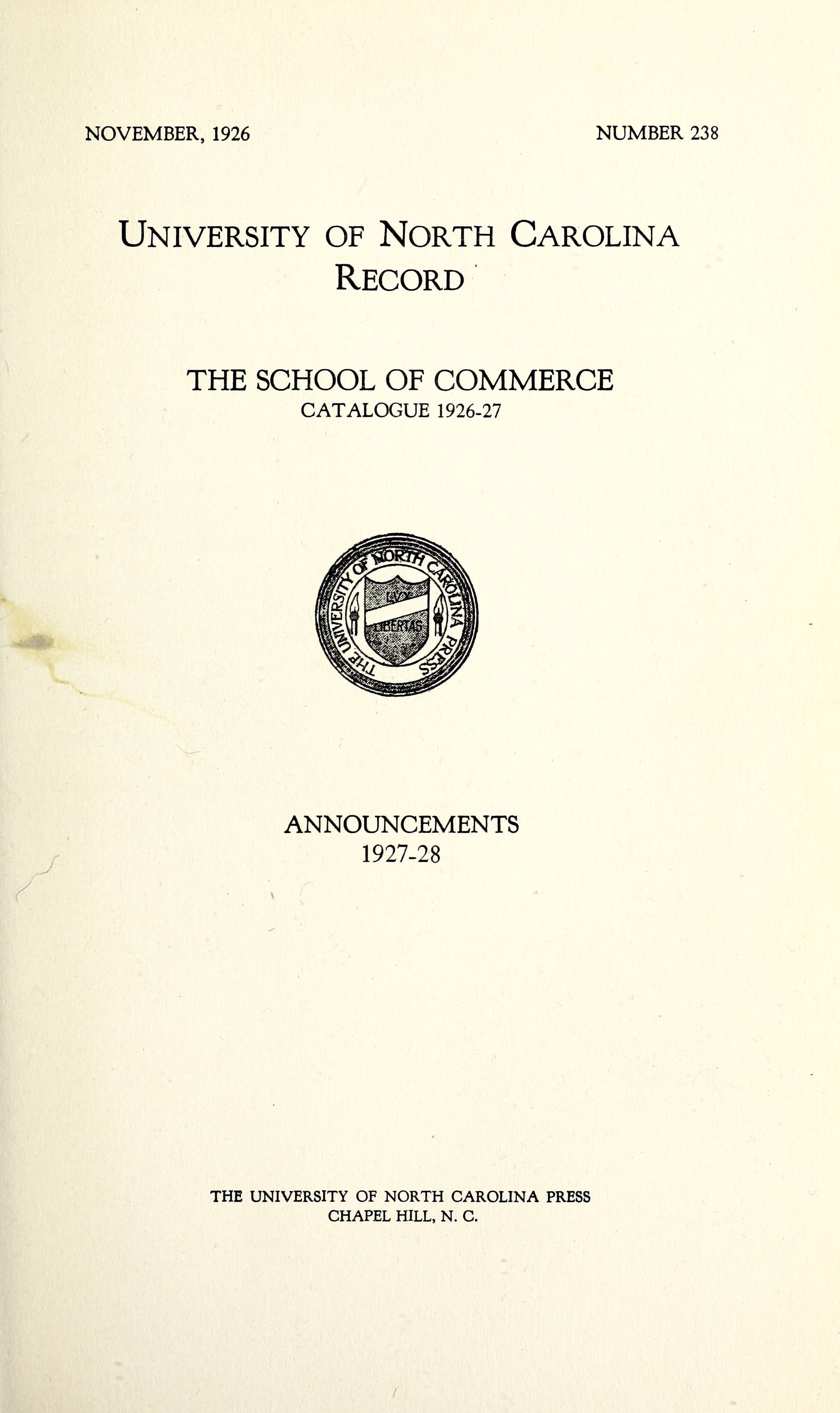 The University of North Carolina Record. The School of Commerce. [1926]