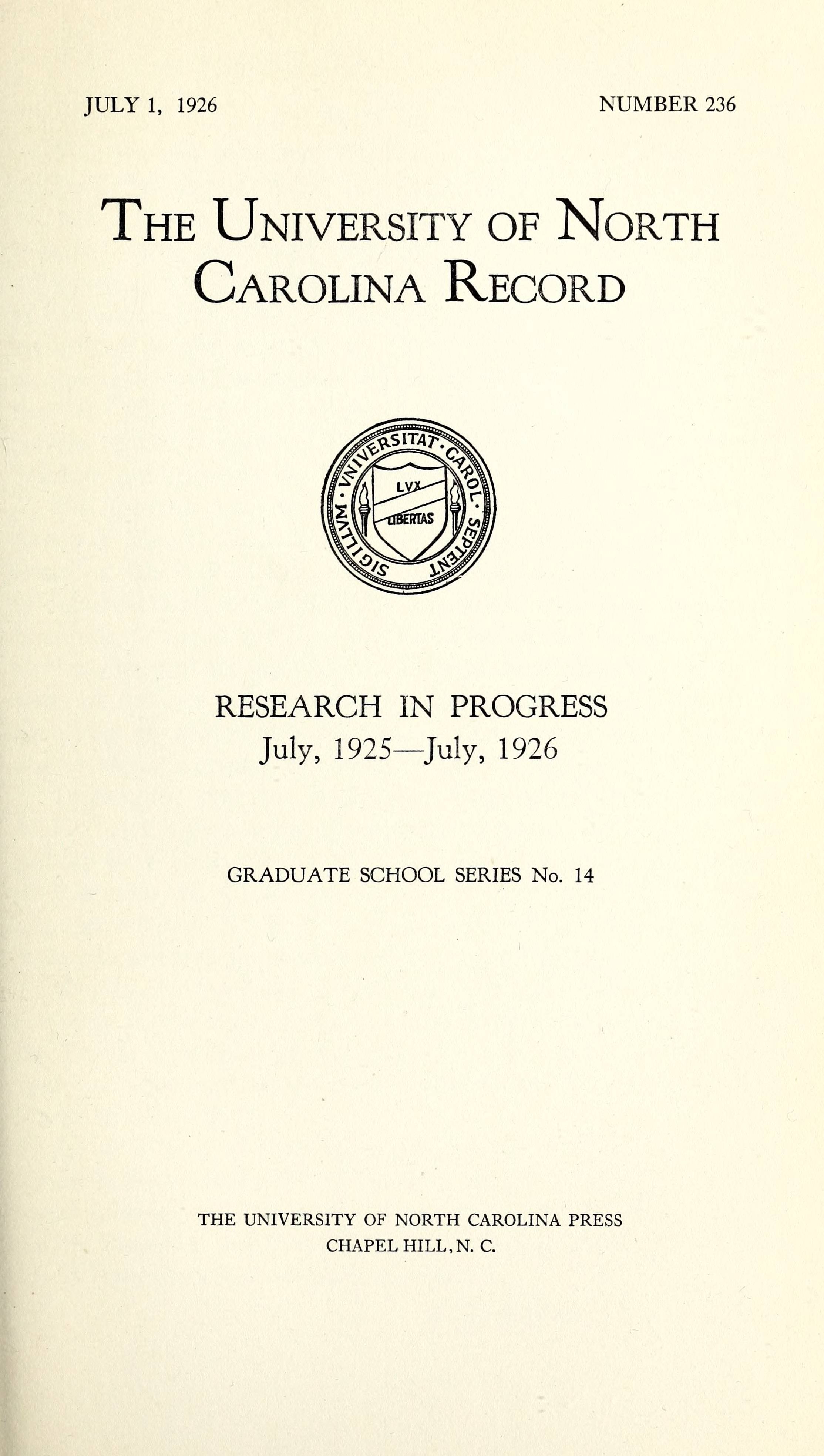 The University of North Carolina Record. Research in Progress. [1926]