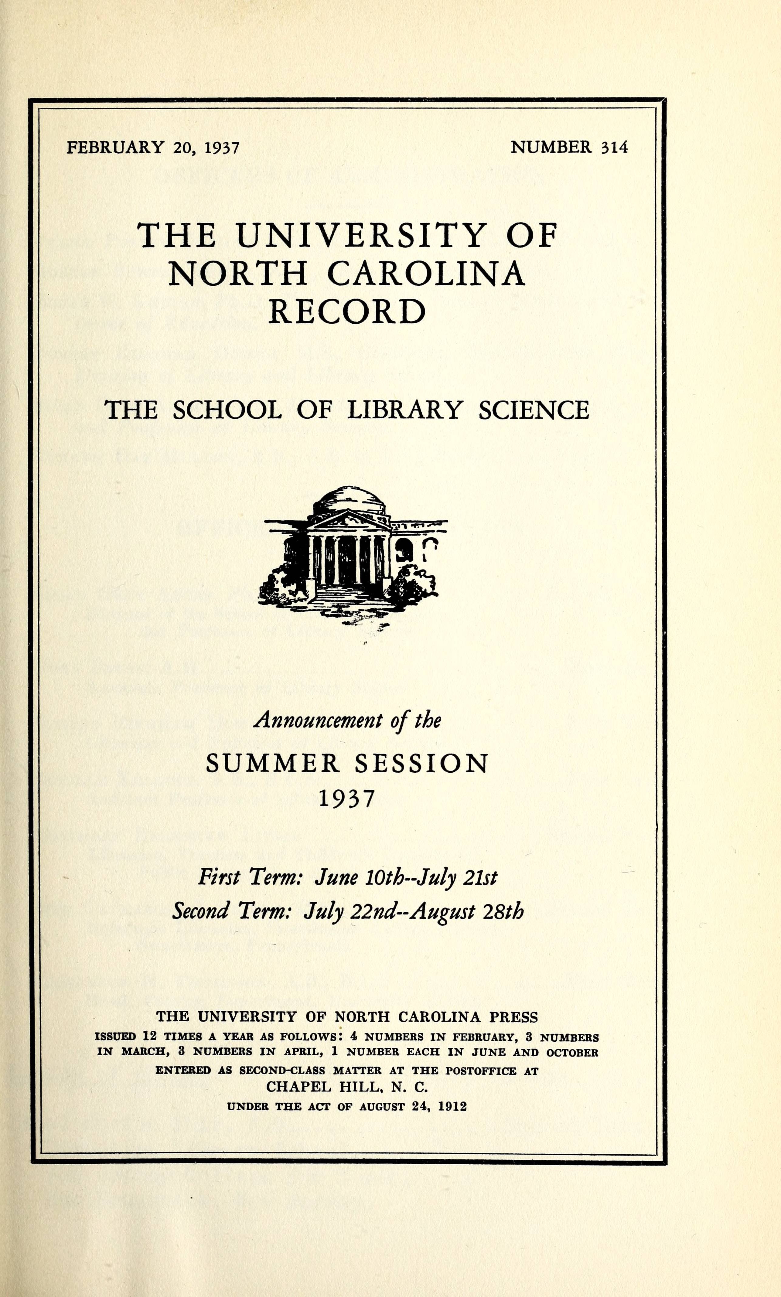 The University of North Carolina Record. The School of Library Science ...
