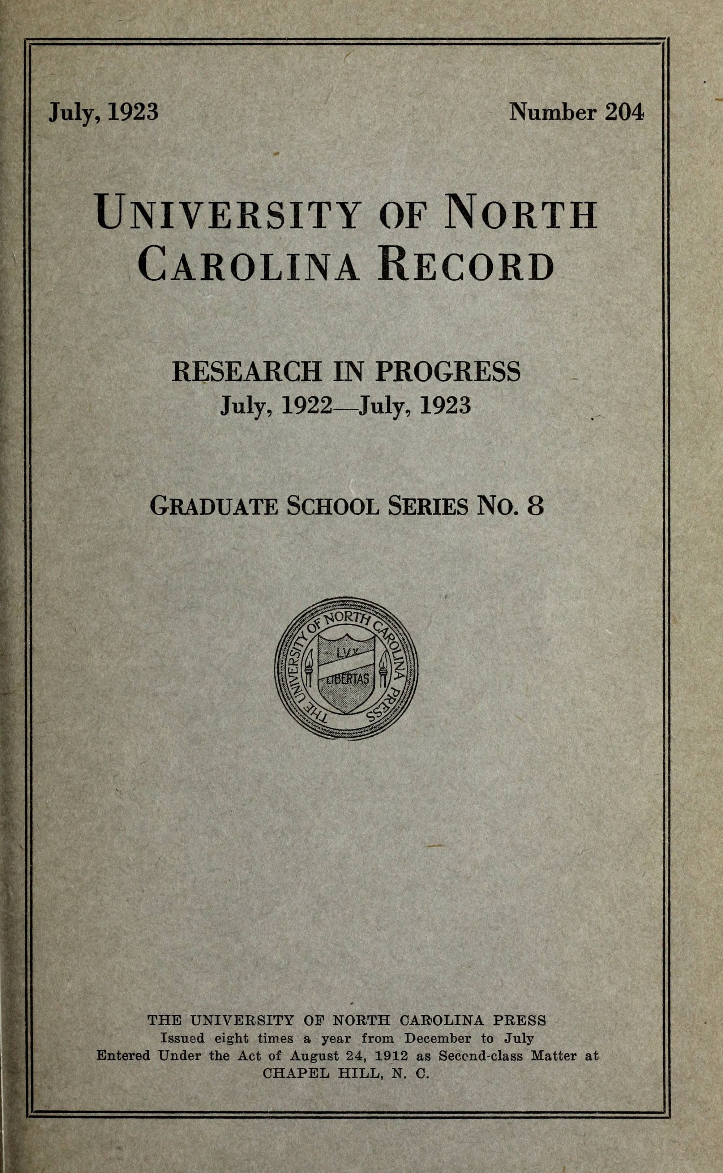The University of North Carolina Record. Research in Progress. [1923]
