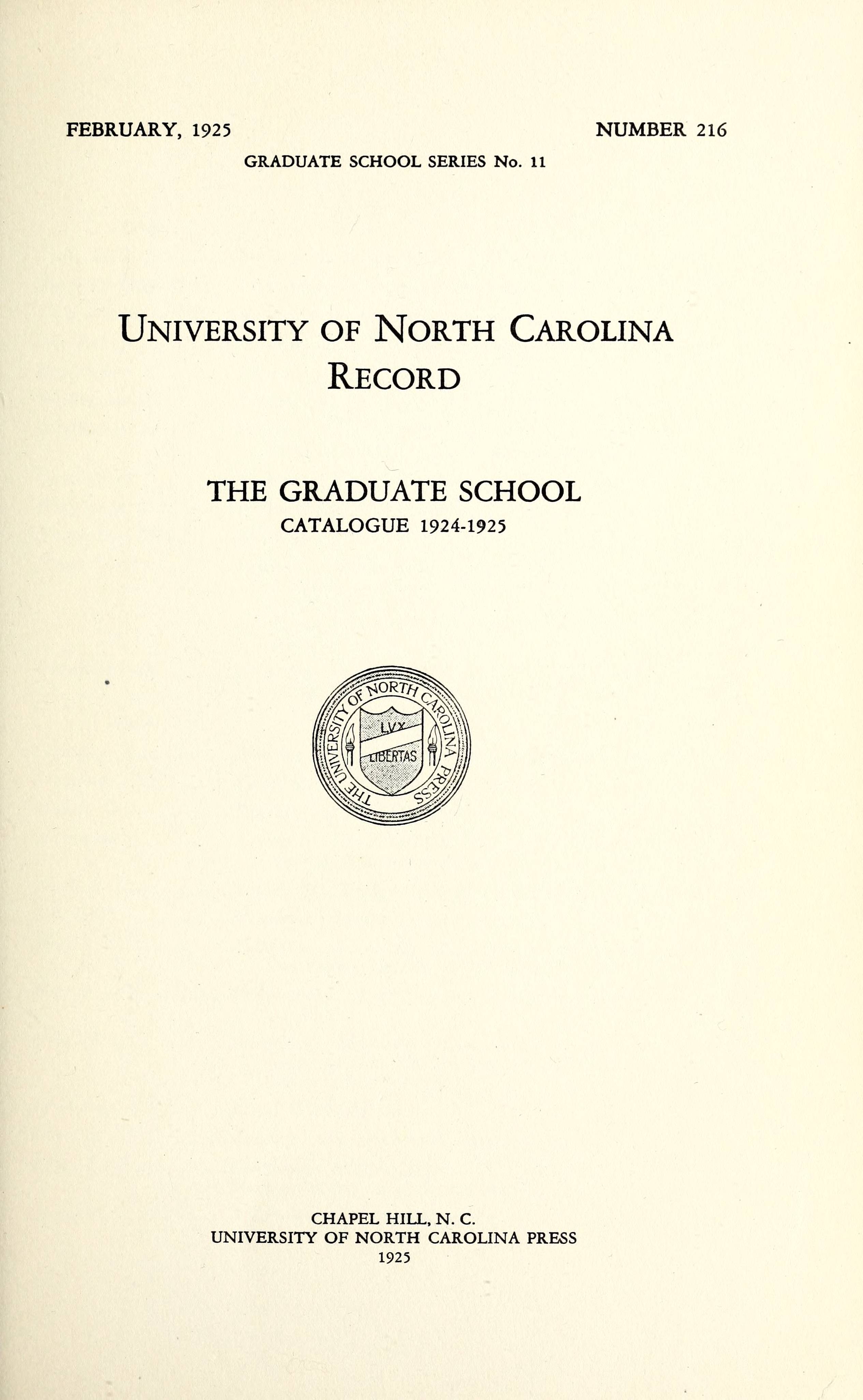 The University of North Carolina Record. The Graduate School. [1925]