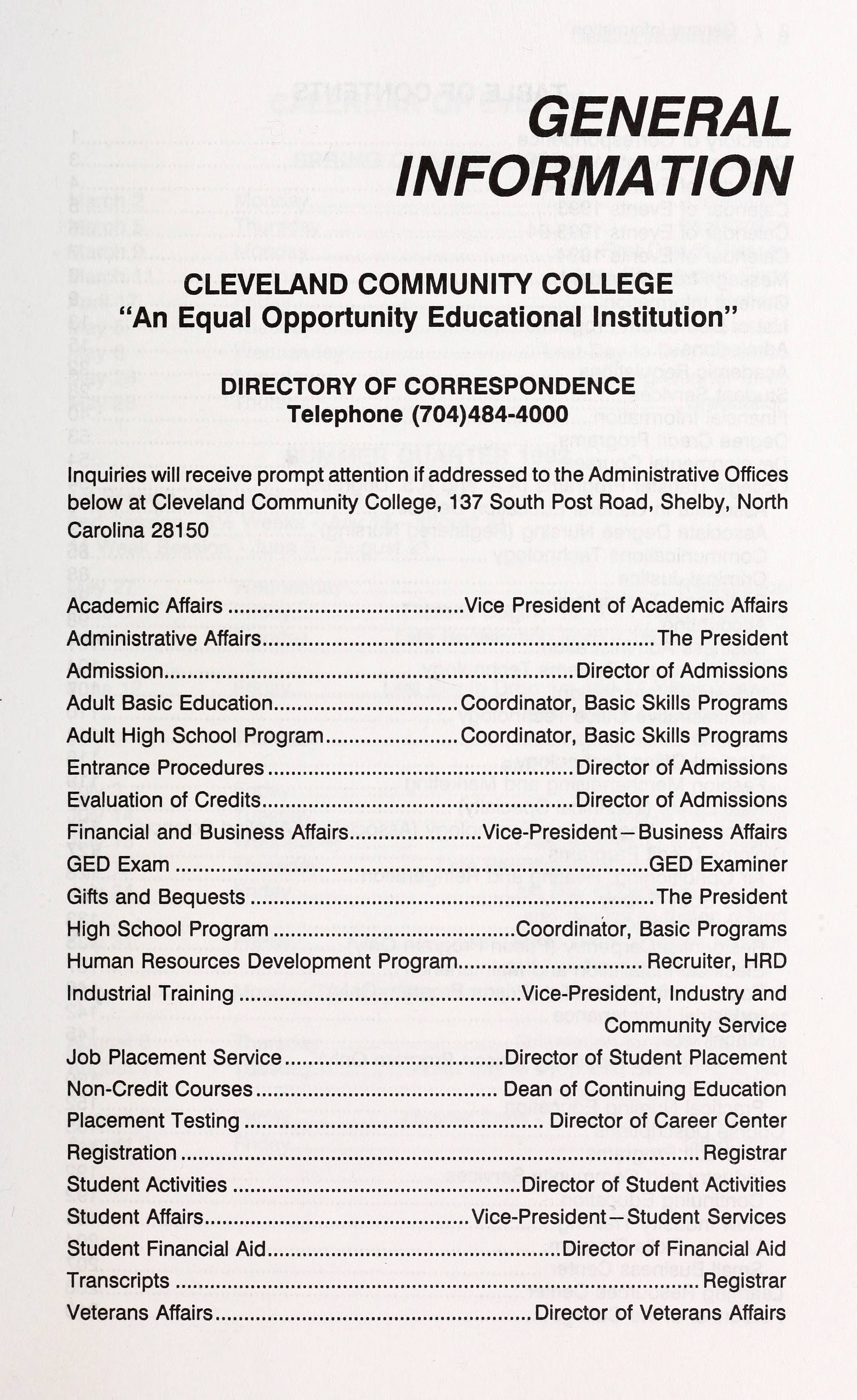 Cleveland Community College Academic Bulletin [1992-1994]