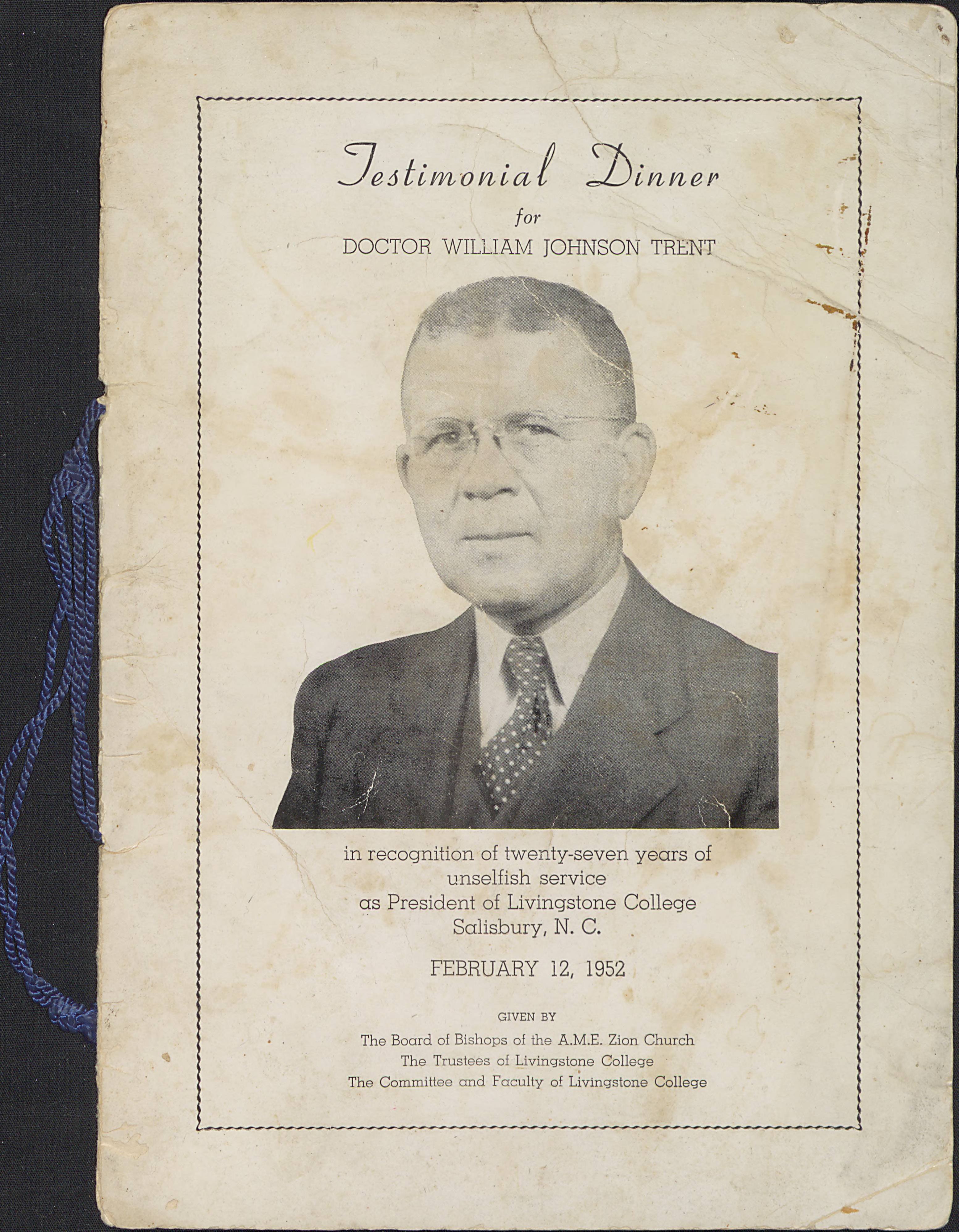 Testimonial Dinner for Doctor William Johnson Trent Program