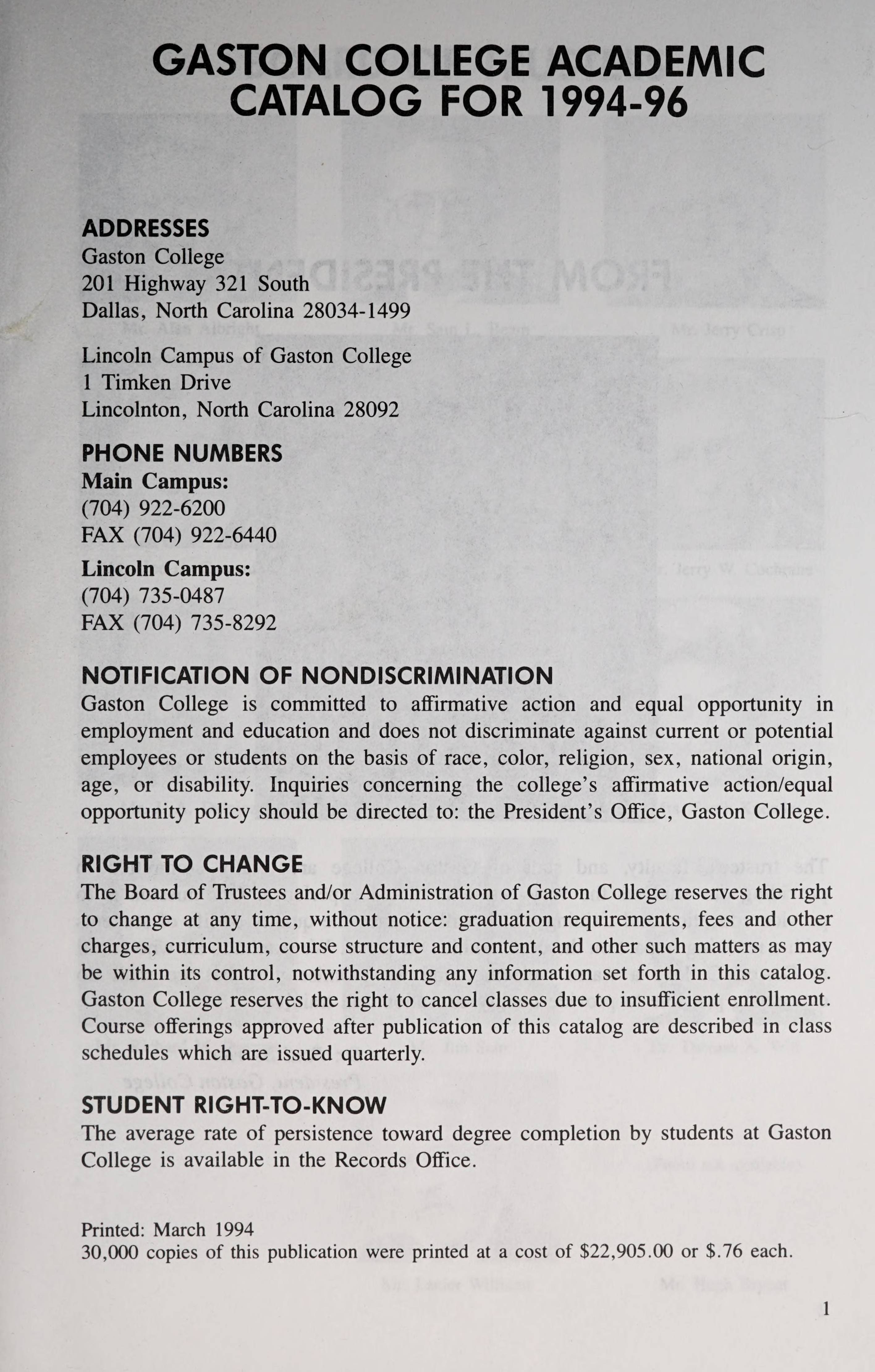 Gaston College Catalog 1994-1996